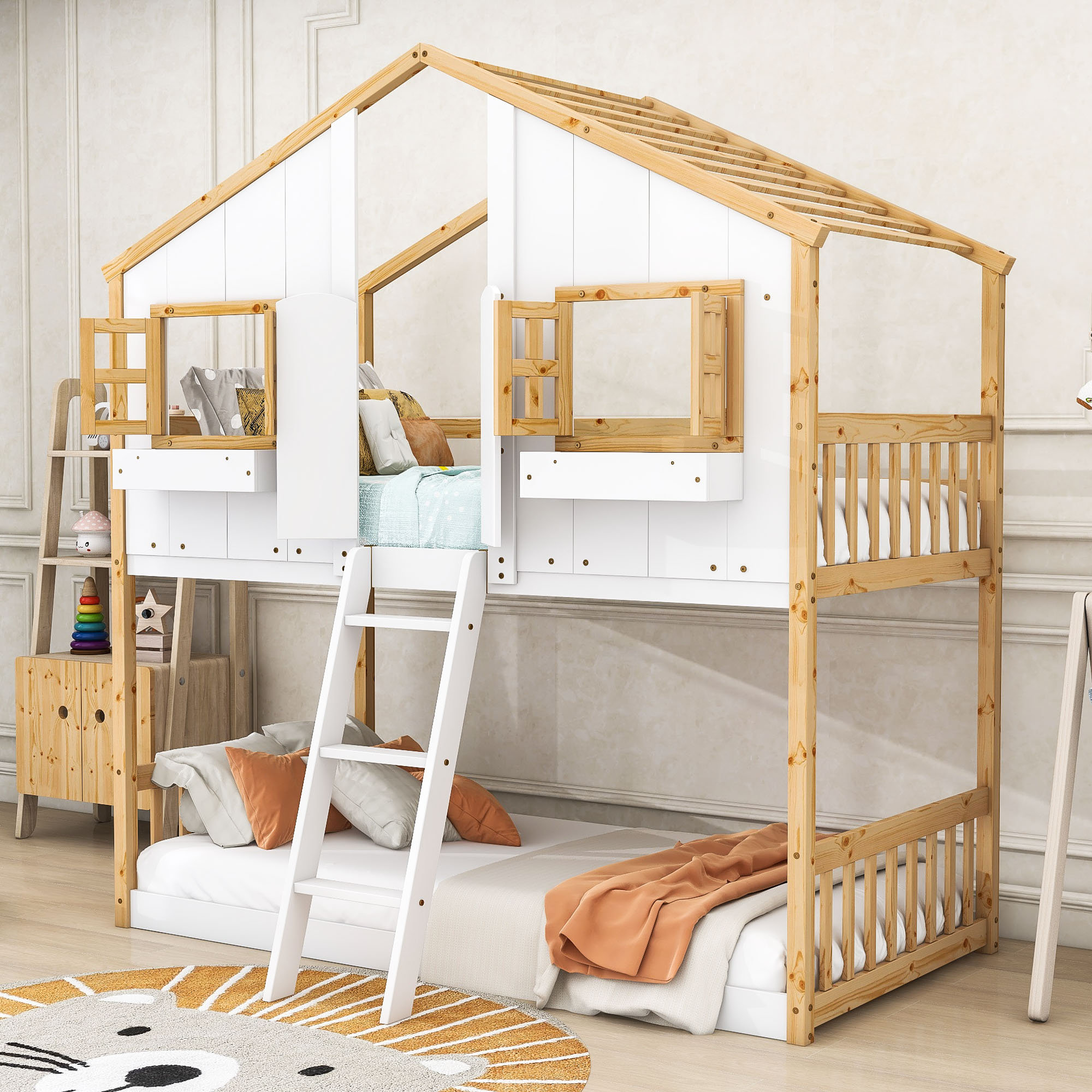 Harper Orchard Almirah Charming Twin Over Twin Wood House Bunk Bed With ...