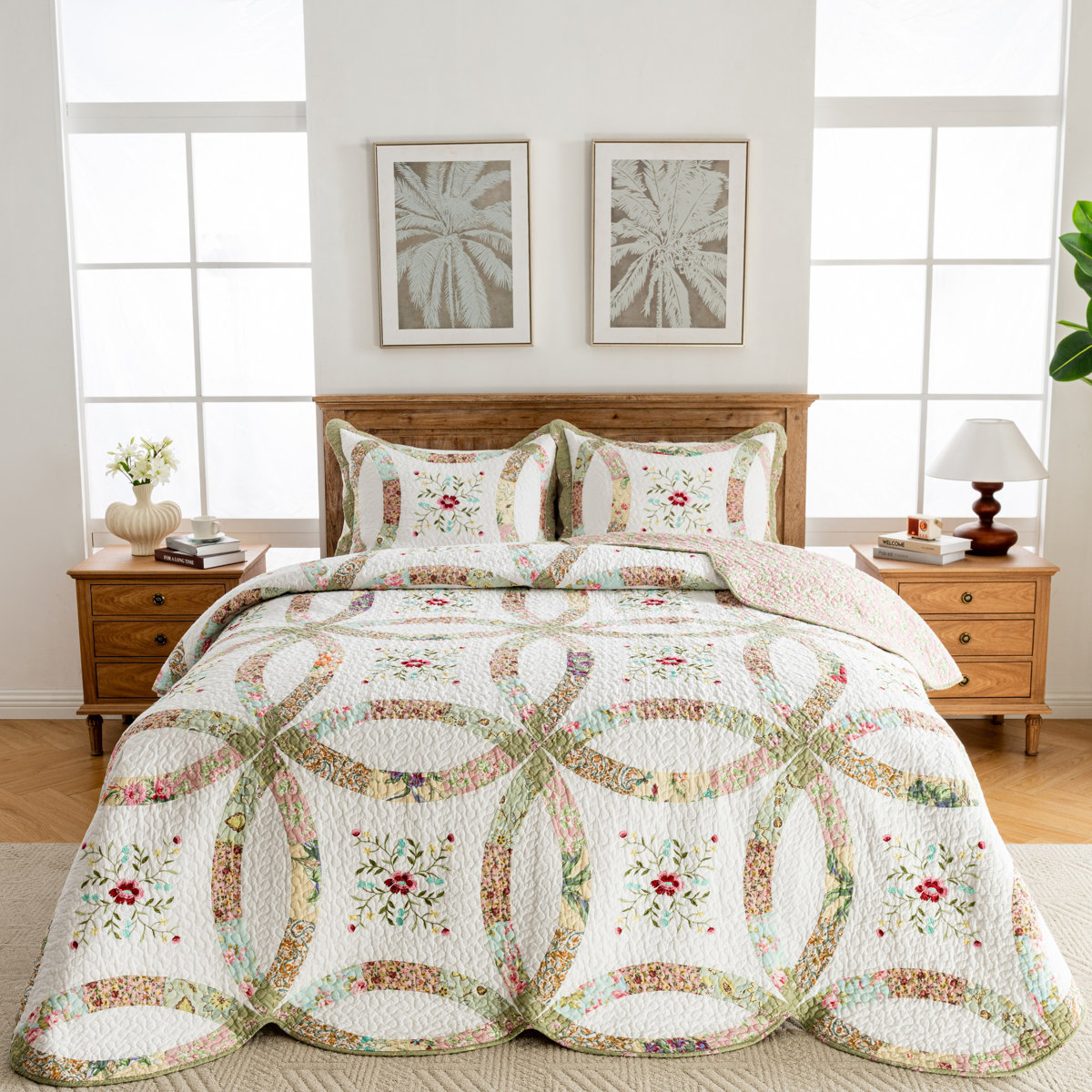 MeadowPark Real Patchwork Quilt Set With Floral Embroidery, 461 Piece ...