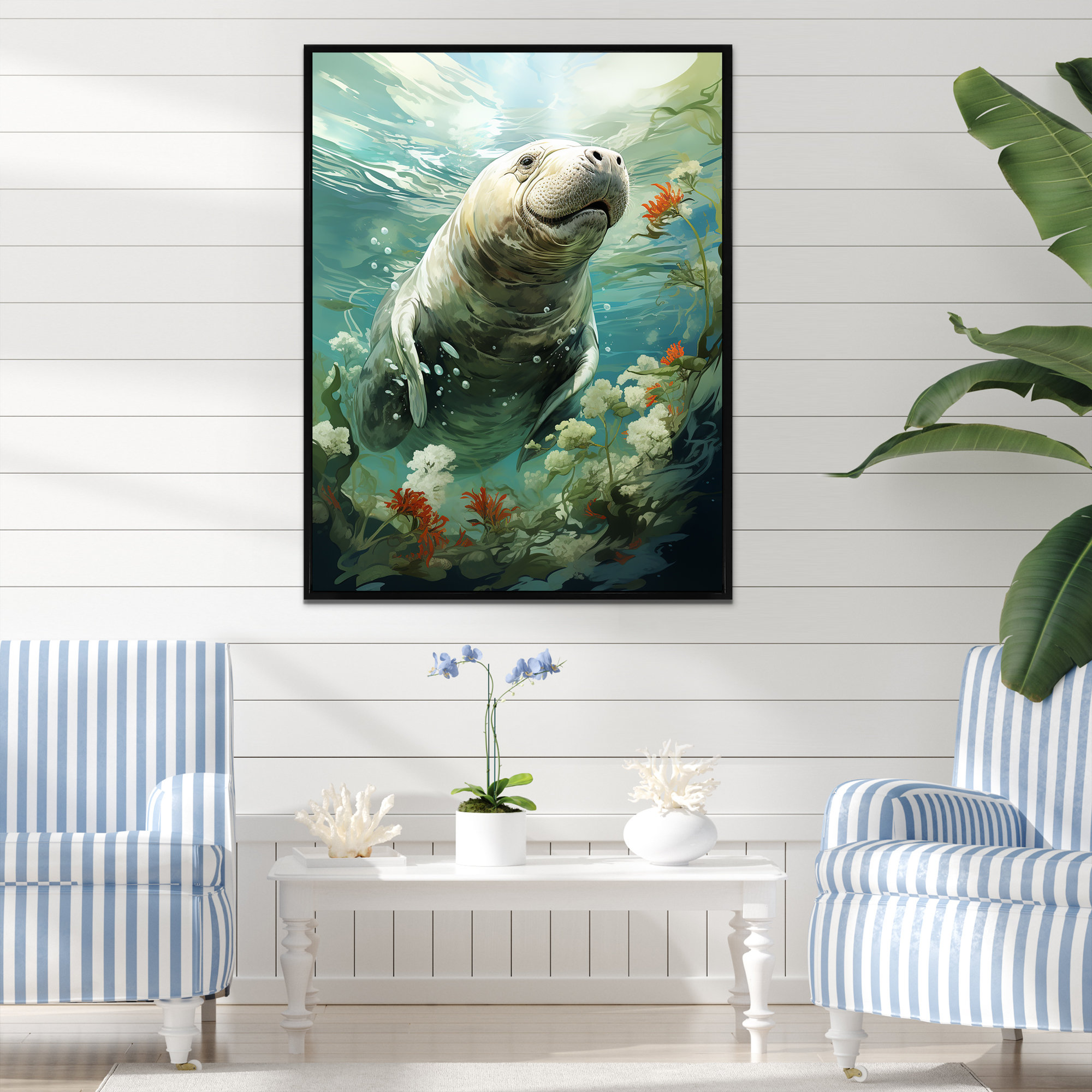 Dovecove Green Manatee Grace 1 - Coastal Animal Wall Art | Wayfair