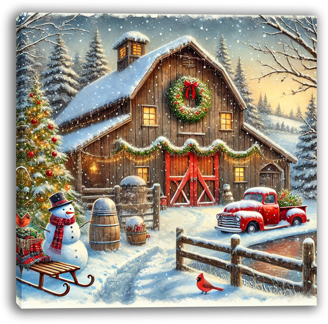 The Holiday Aisle® Toile festive avec grange, bonhomme de neige, camion ...