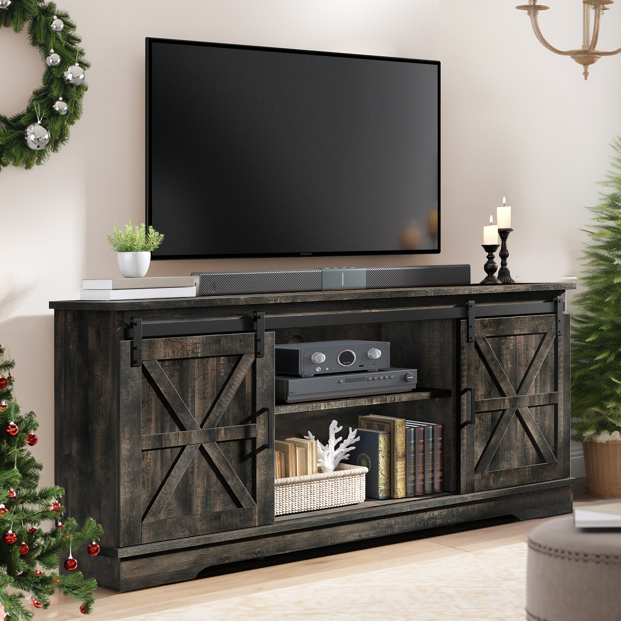 Gracie Oaks Farmhouse TV Stand for TVs up to 65" With Sliding Barn ...