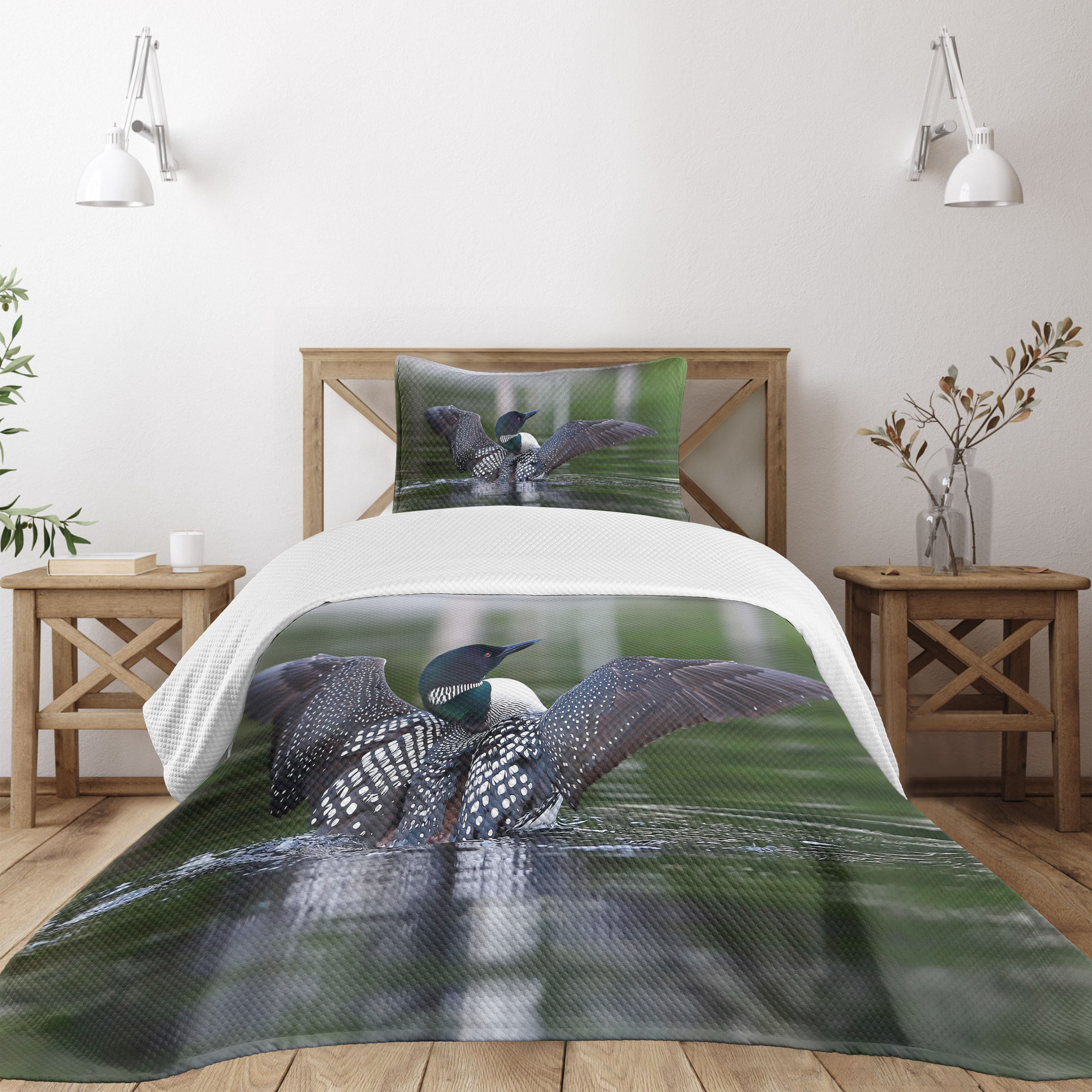 Ambesonne Loon Bedspread Set Image of Common Loon on Water Multicolor ...