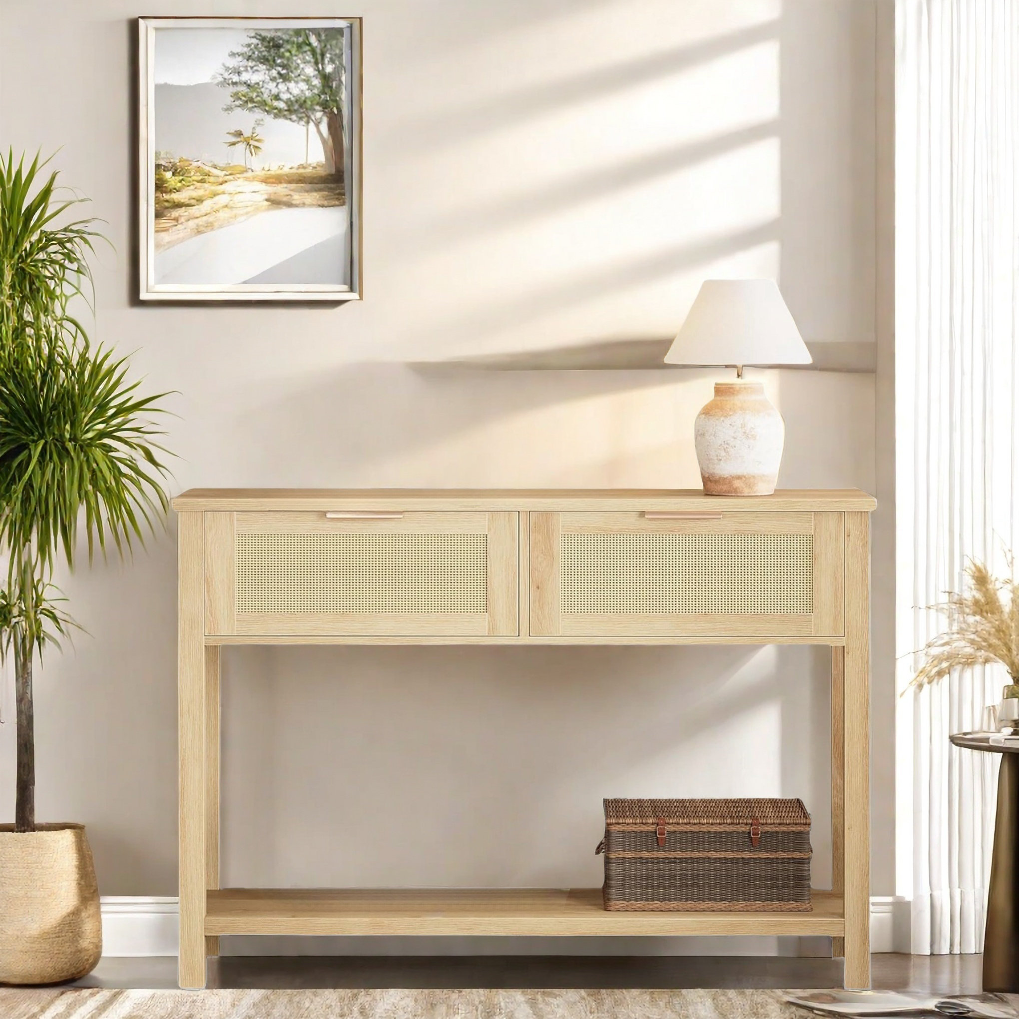 Bay Isle Home™ Console Table With 2 Rattan Drawers And Open Storage ...