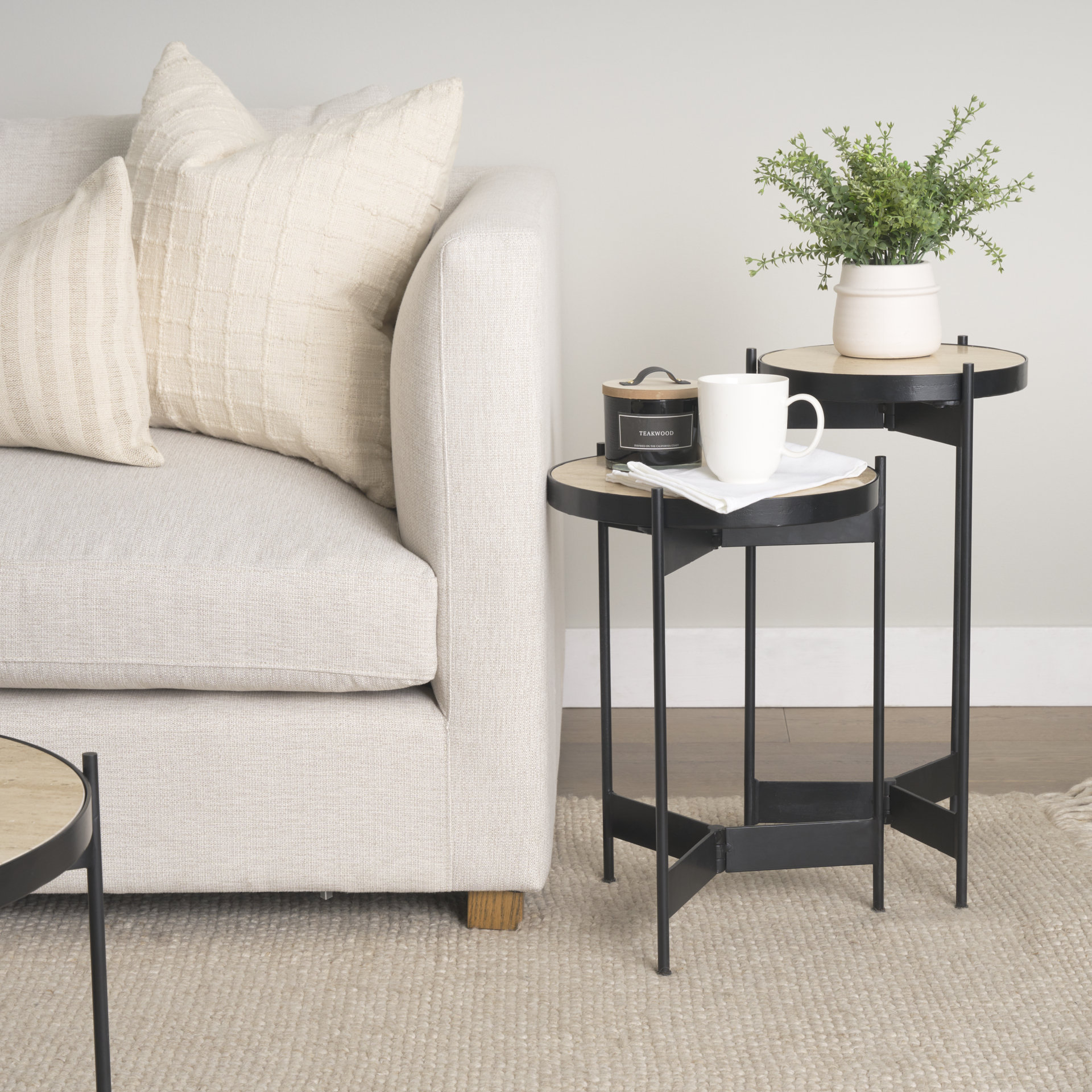 17 Stories Diana Travertine Marble W/ Matte Black Metal End Tables ...