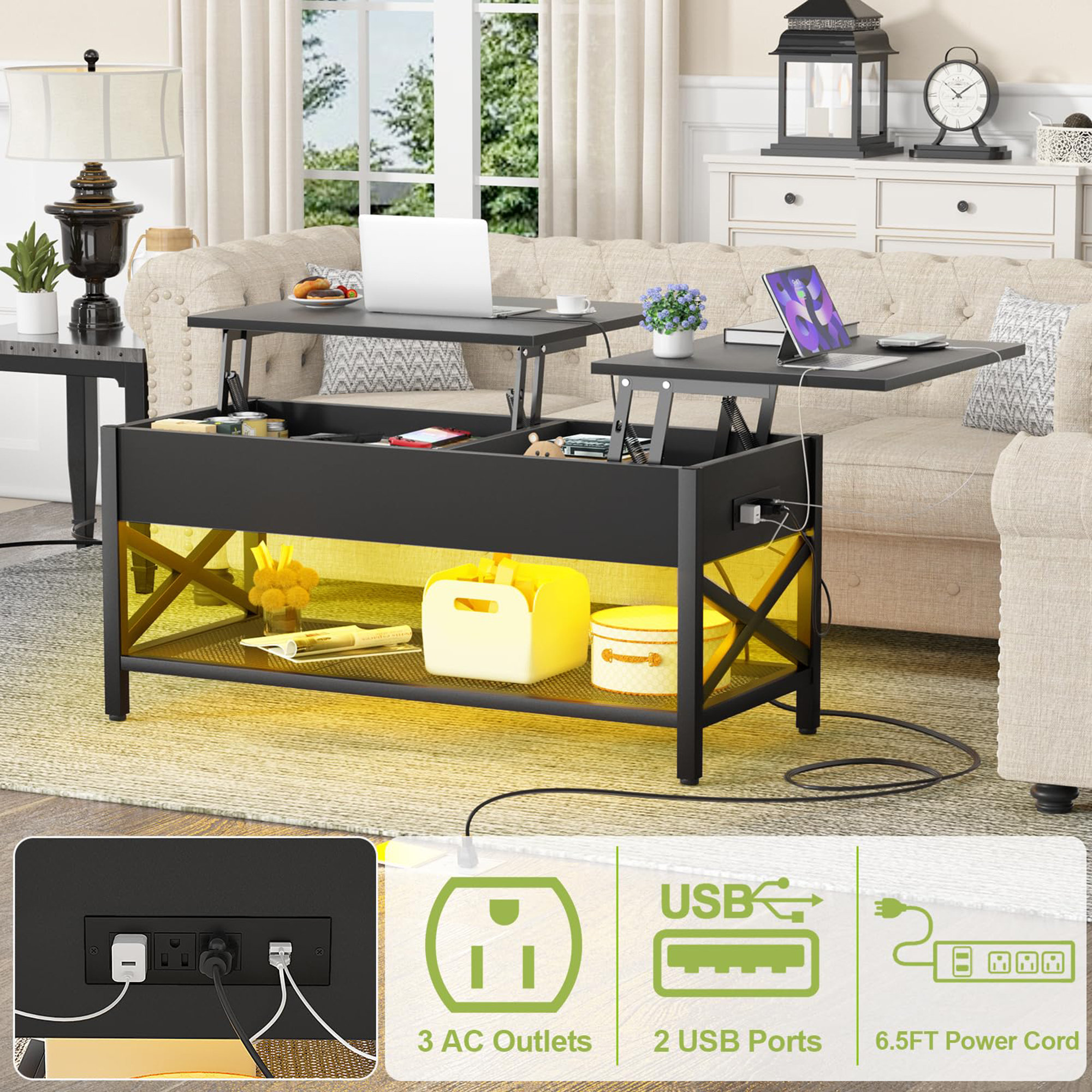 17 Stories Lift-Up Coffee Table with LED Light and Power Socket | Wayfair