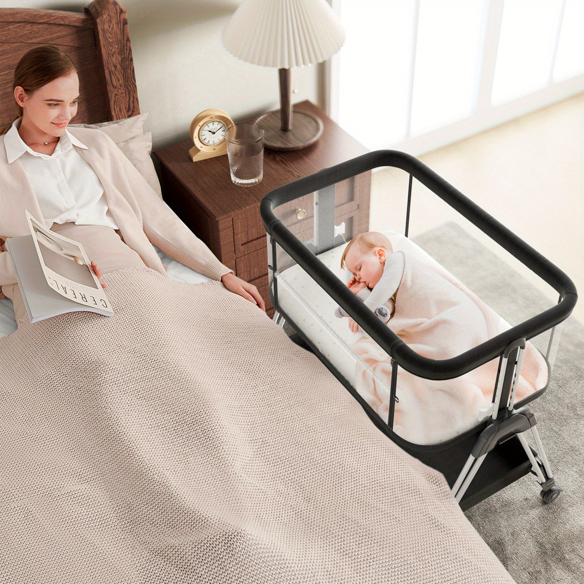 Zoomie Kids Baby Bassinet Bedside Sleeper with Wheels and Storage Tray ...