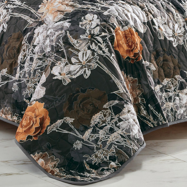 ESCA Helbah Gray/Black/Orange Microfiber 3 Piece Coverlet / Bedspread ...