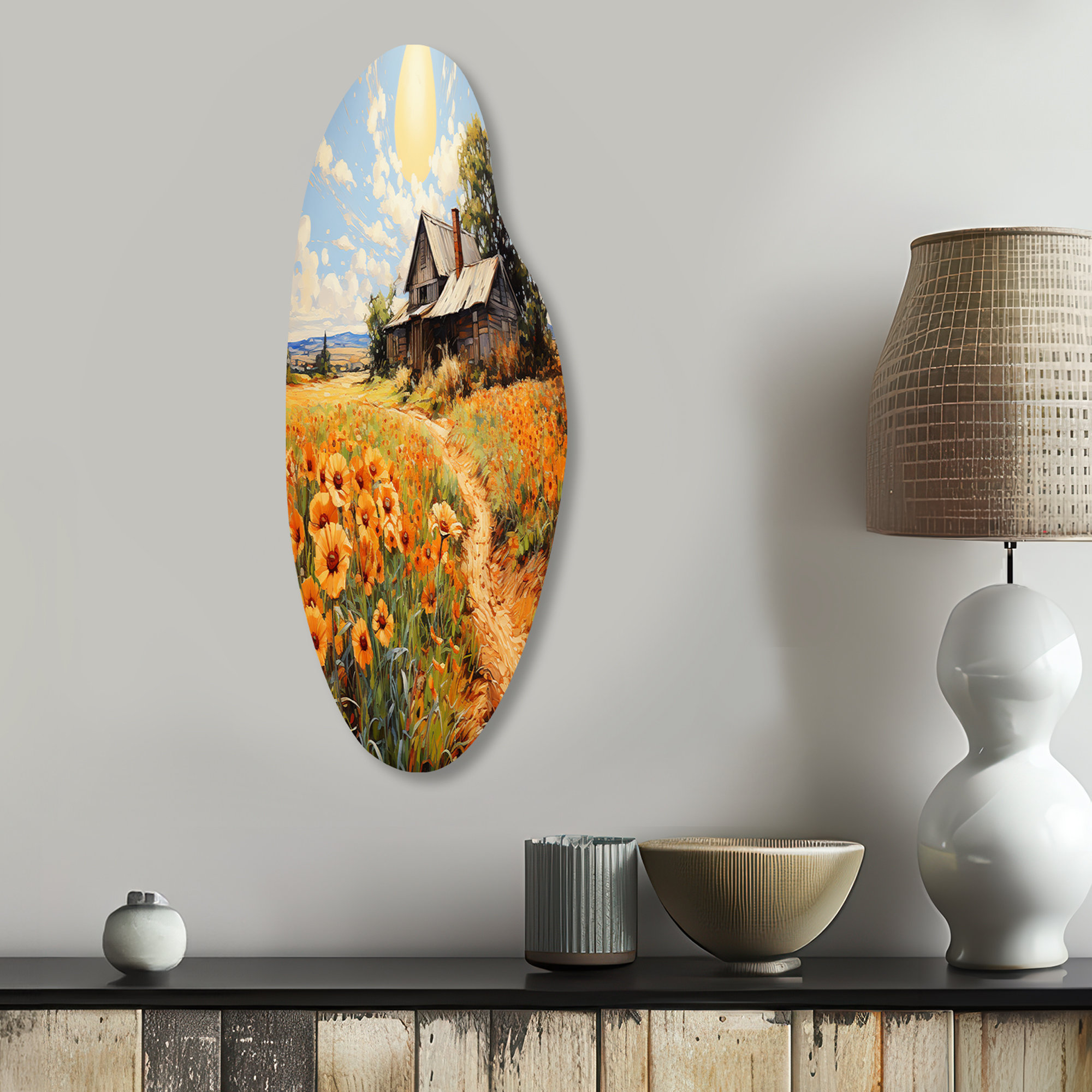 Design Art Farmhouse Sunlit Haven Pointillism II - Farm Curved Shape ...
