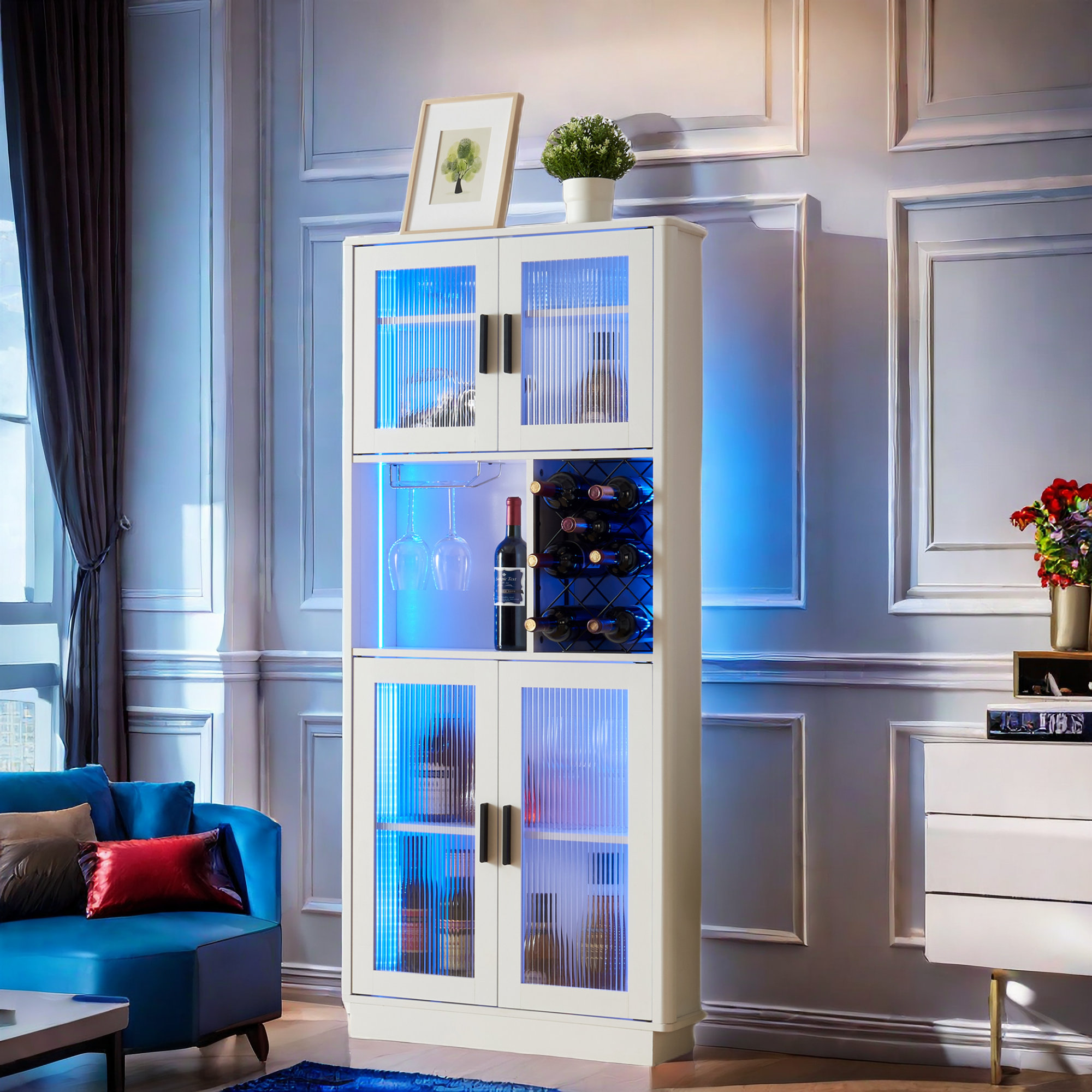 Latitude Run® Wine Bar Cabinets With Colorful Led Lighting, Wine Rack ...