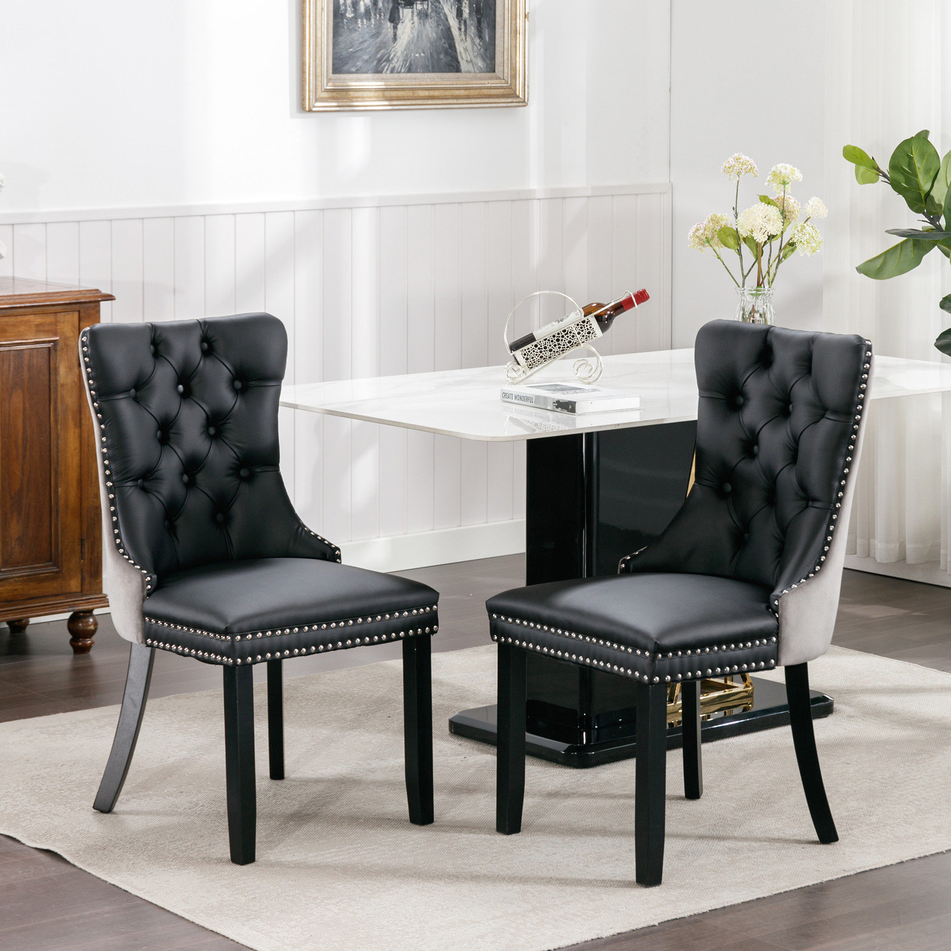 Mercer41 Modern 2 Dining Chair , In Black+gray Pu And Velvet Upholstery ...