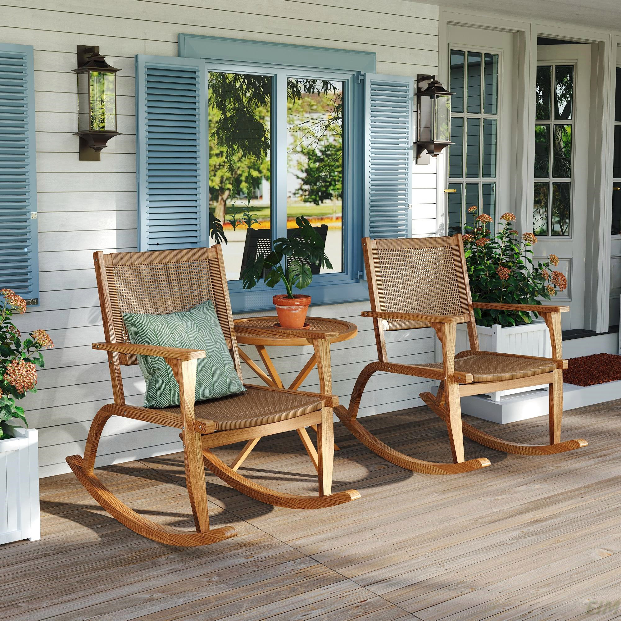 Bayou Breeze 2 Pieces Patio Rocking Chair Set, Acacia Wood Outdoor ...