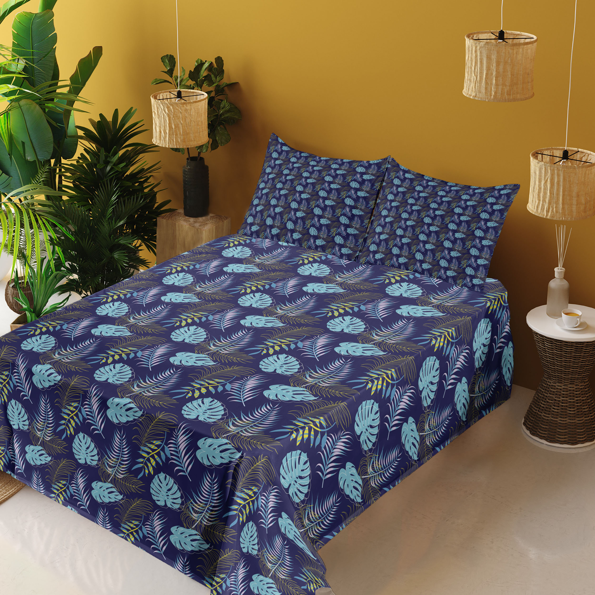 Ambesonne Tropical Sheet Set Monstera Palm Leaves Retro Navy Blue and ...