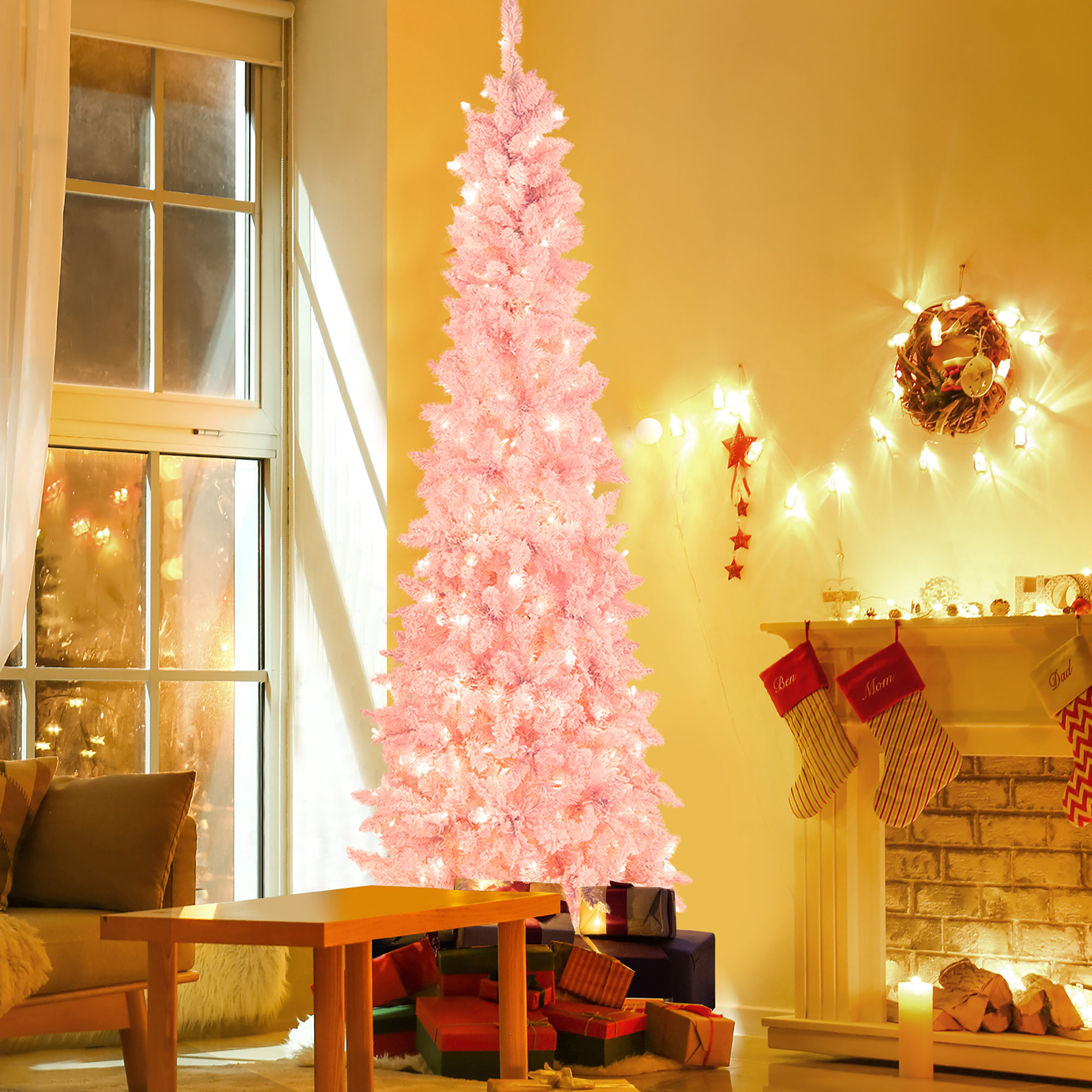 The Holiday Aisle® 7' H Slender Pink/White Flocked Christmas Tree with ...