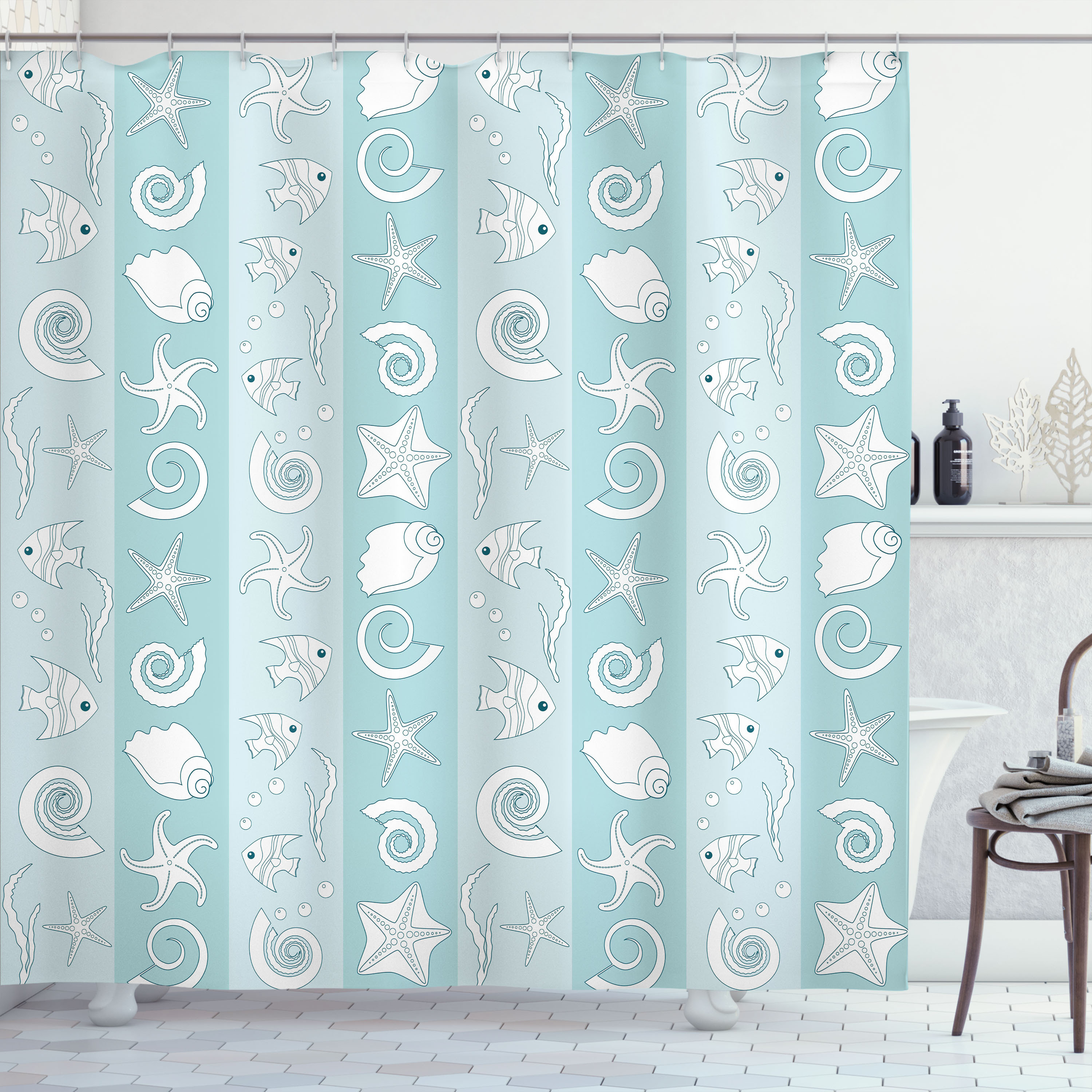 Ambesonne Nautical Shower Curtain Sea Animals and Shells Pale Blue Pale ...