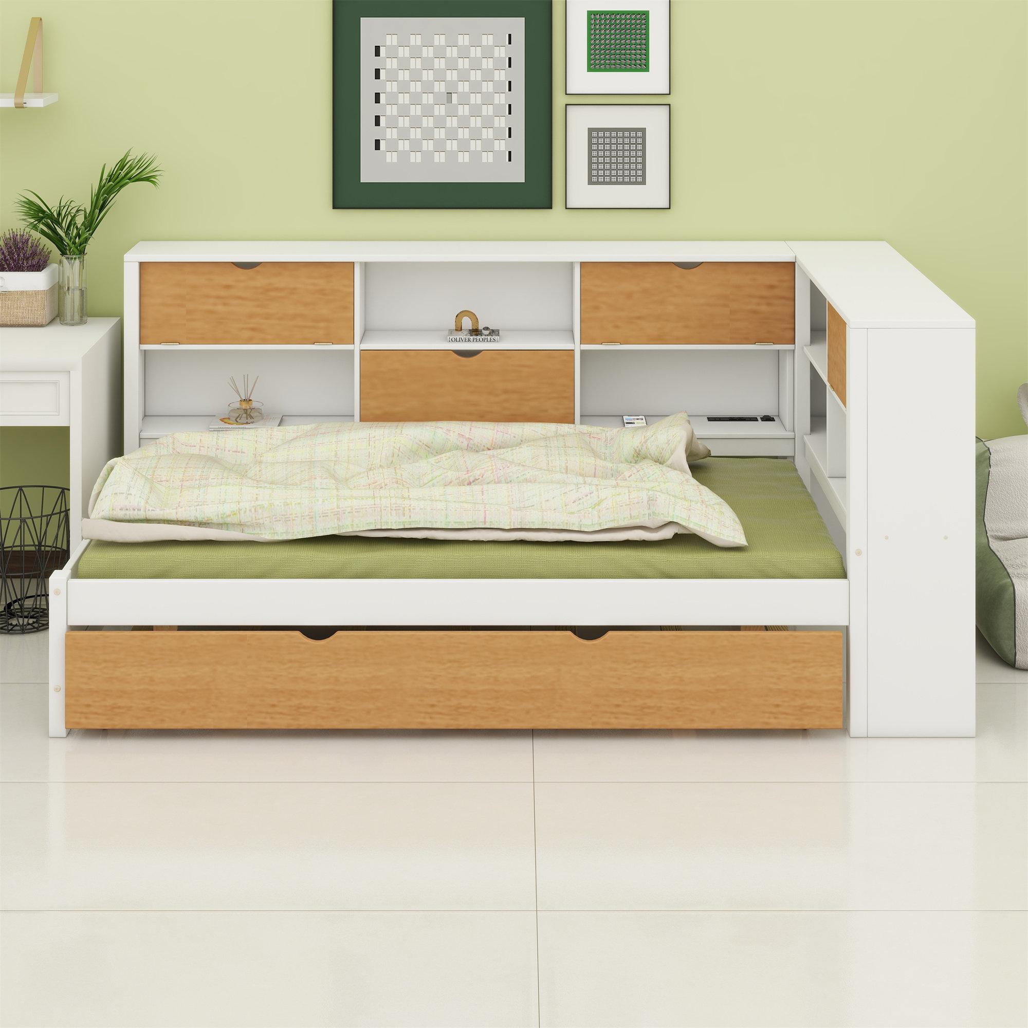 Lark Manor™ L-Shaped Bed Frame With Trundle Bed And And Bookcase,Corner ...