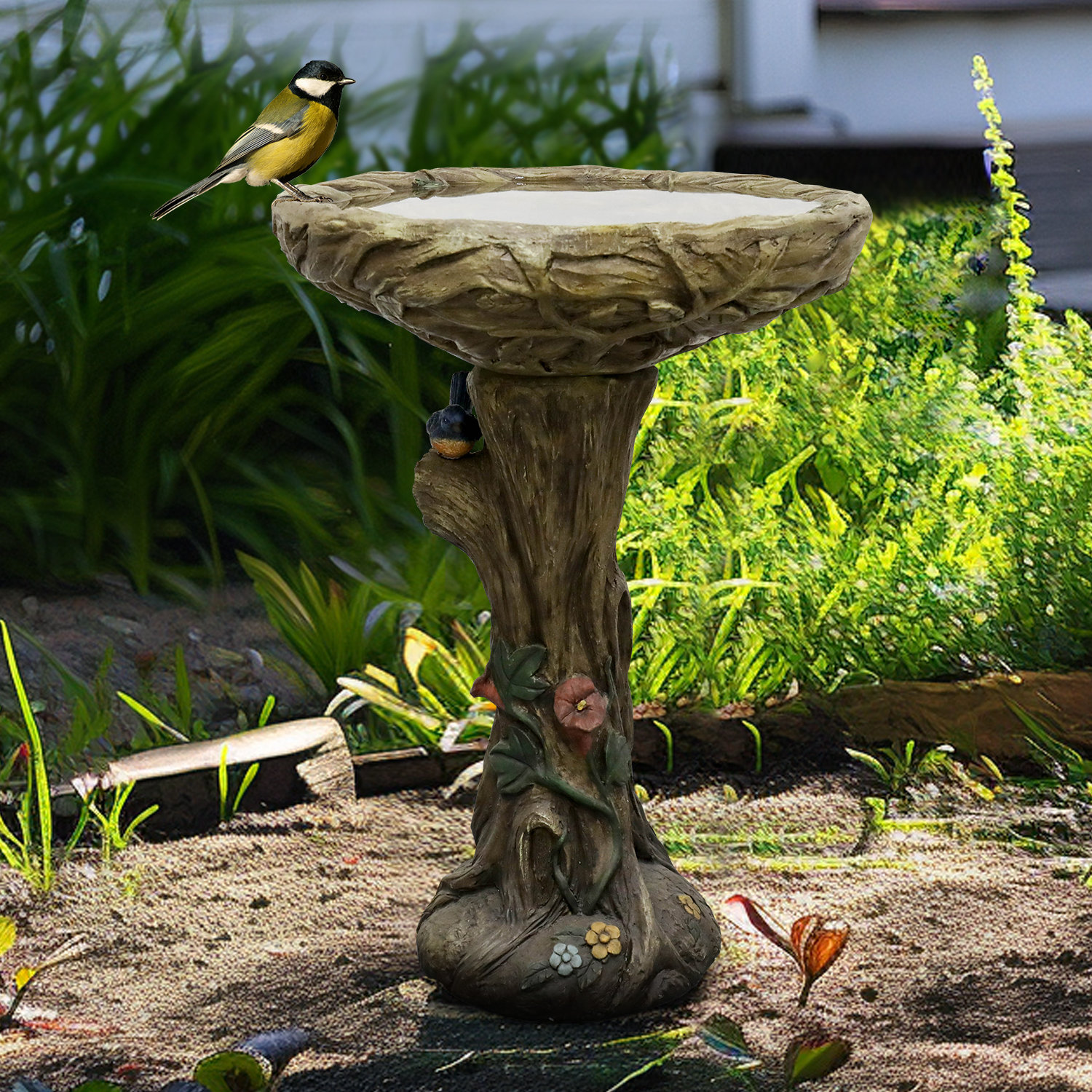 Loon Peak 25.5in H Outdoor Concrete Bird Bath -Tree Trunk Birdbath with ...