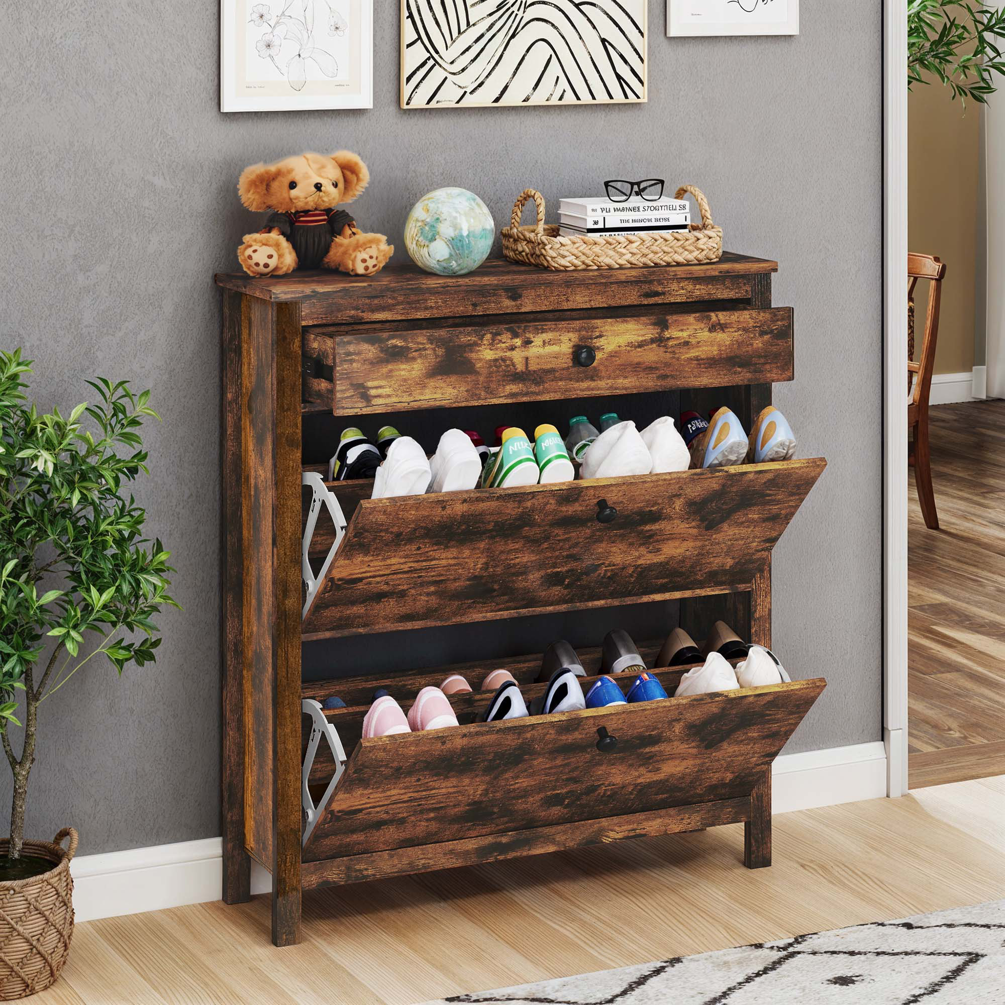 Millwood Pines Slim Shoe Cabinet with 2 Flip Drawers and Adjustable ...