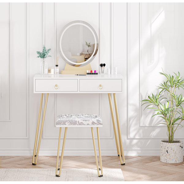 Mercer41 Table With Mirror Lamp,dressing Table With Upholstered Stool ...