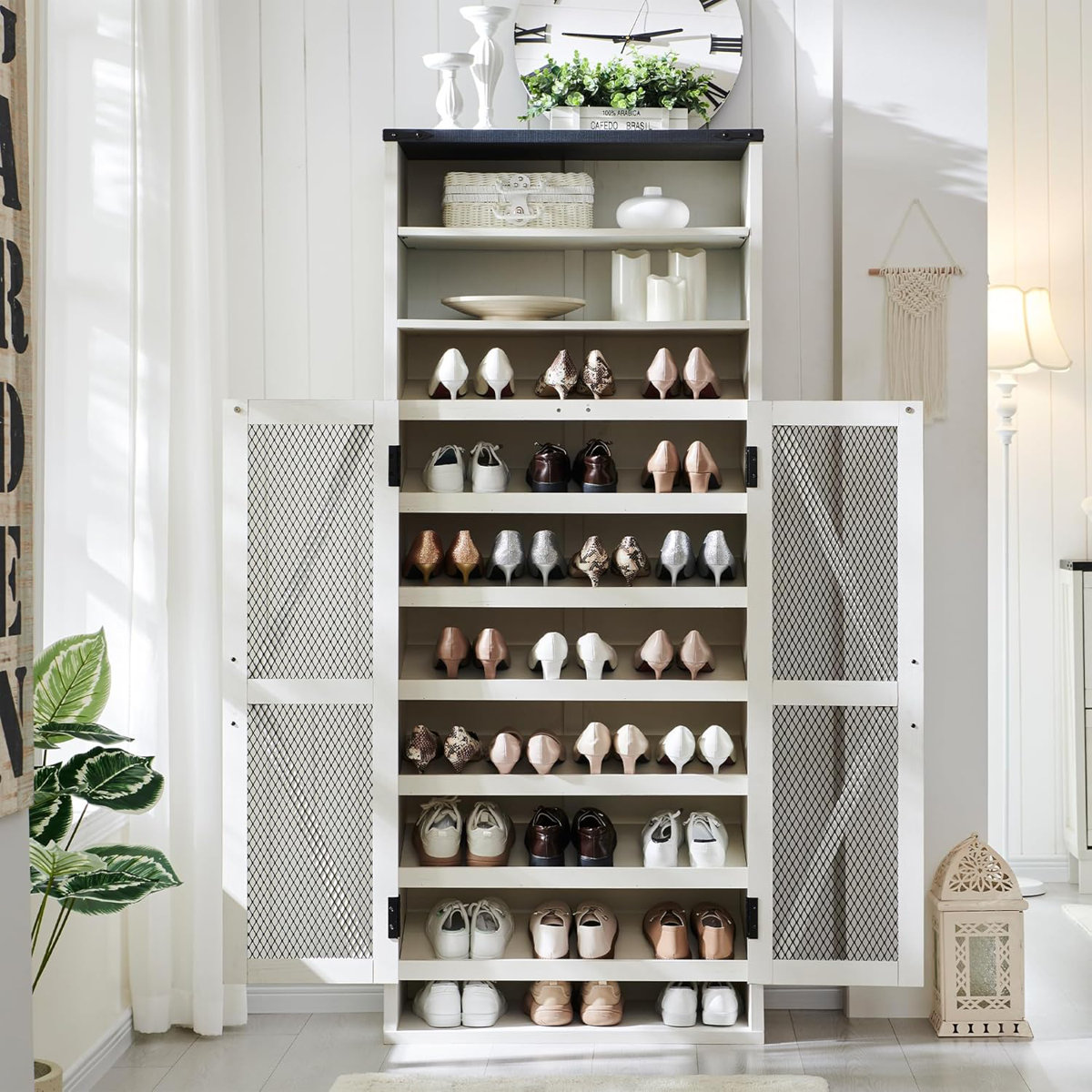 Gracie Oaks Samaniego Farmhouse 40 Pair Shoe Storage Cabinet with Doors ...