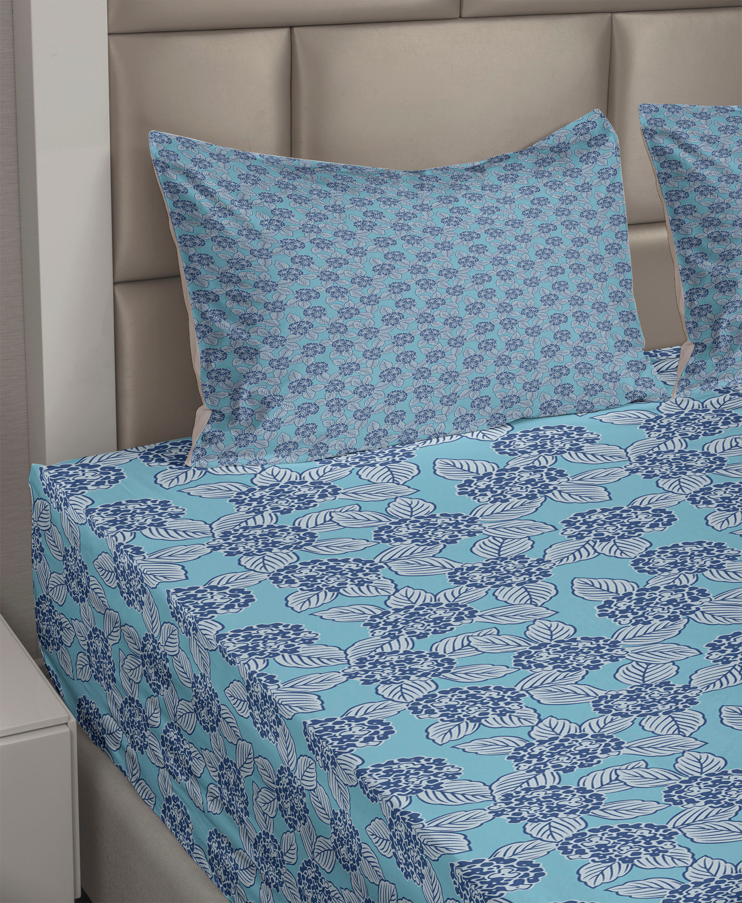 Ambesonne Tropical Sheet Set Hydrangea Flowers Ornament Pale Sky Blue ...