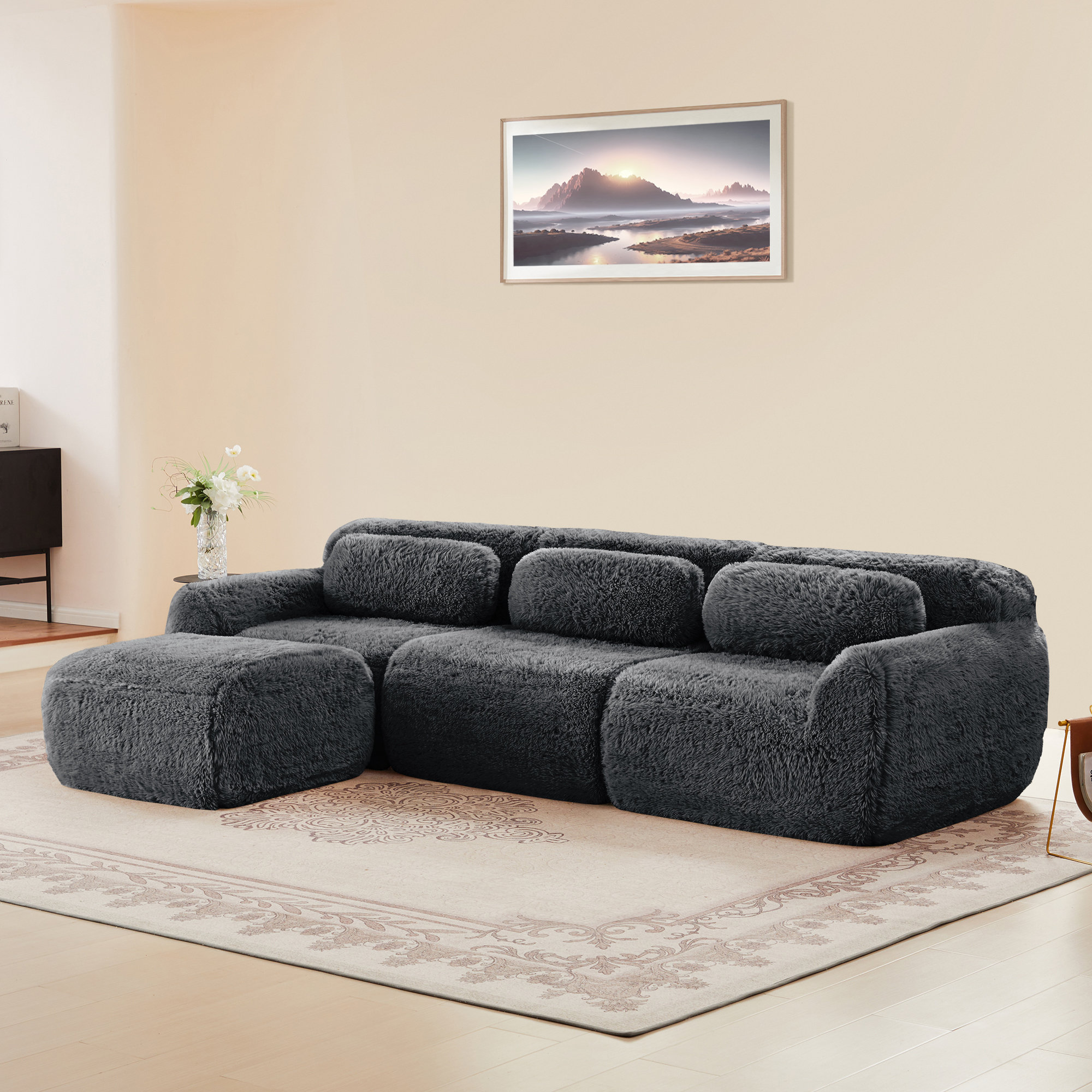 Mercer41 L-Shaped Boneless Sofa,Soft Fluffy Plush Fabric,With 32D High ...