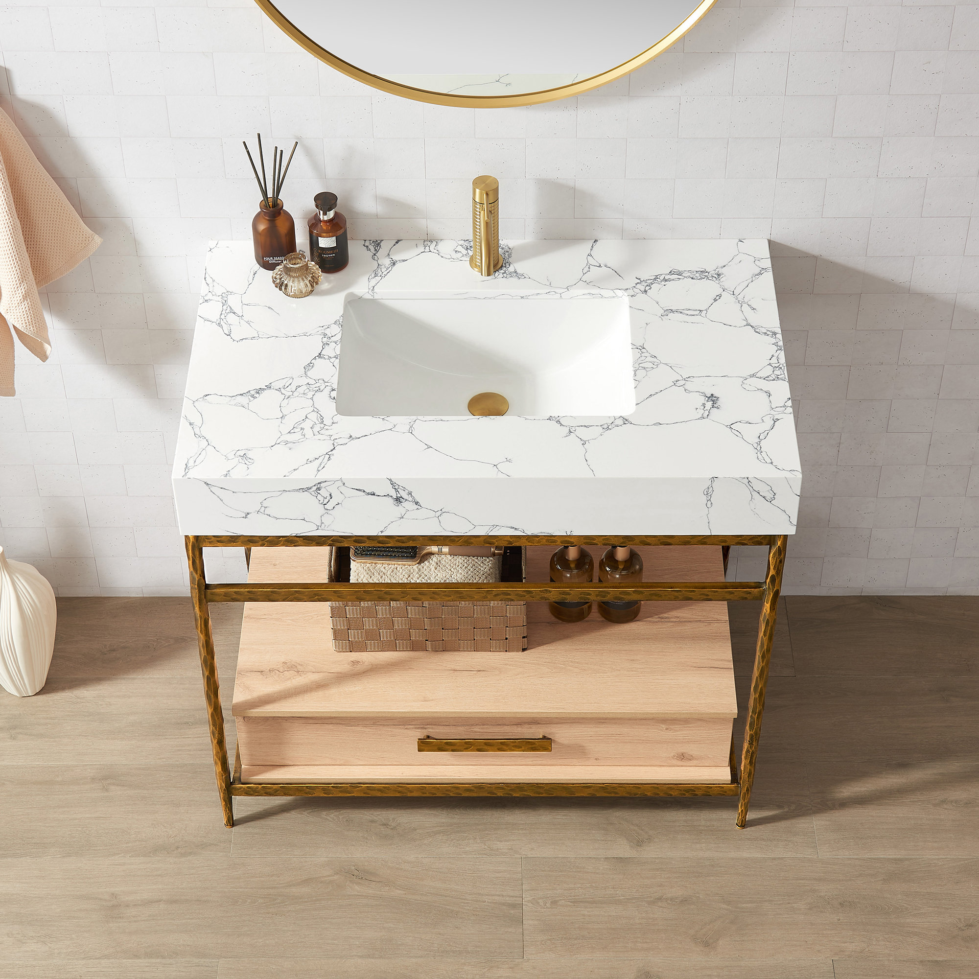 17 Stories Driden 36" Single Bath Vanity in Yellow Bronze Metal Support ...