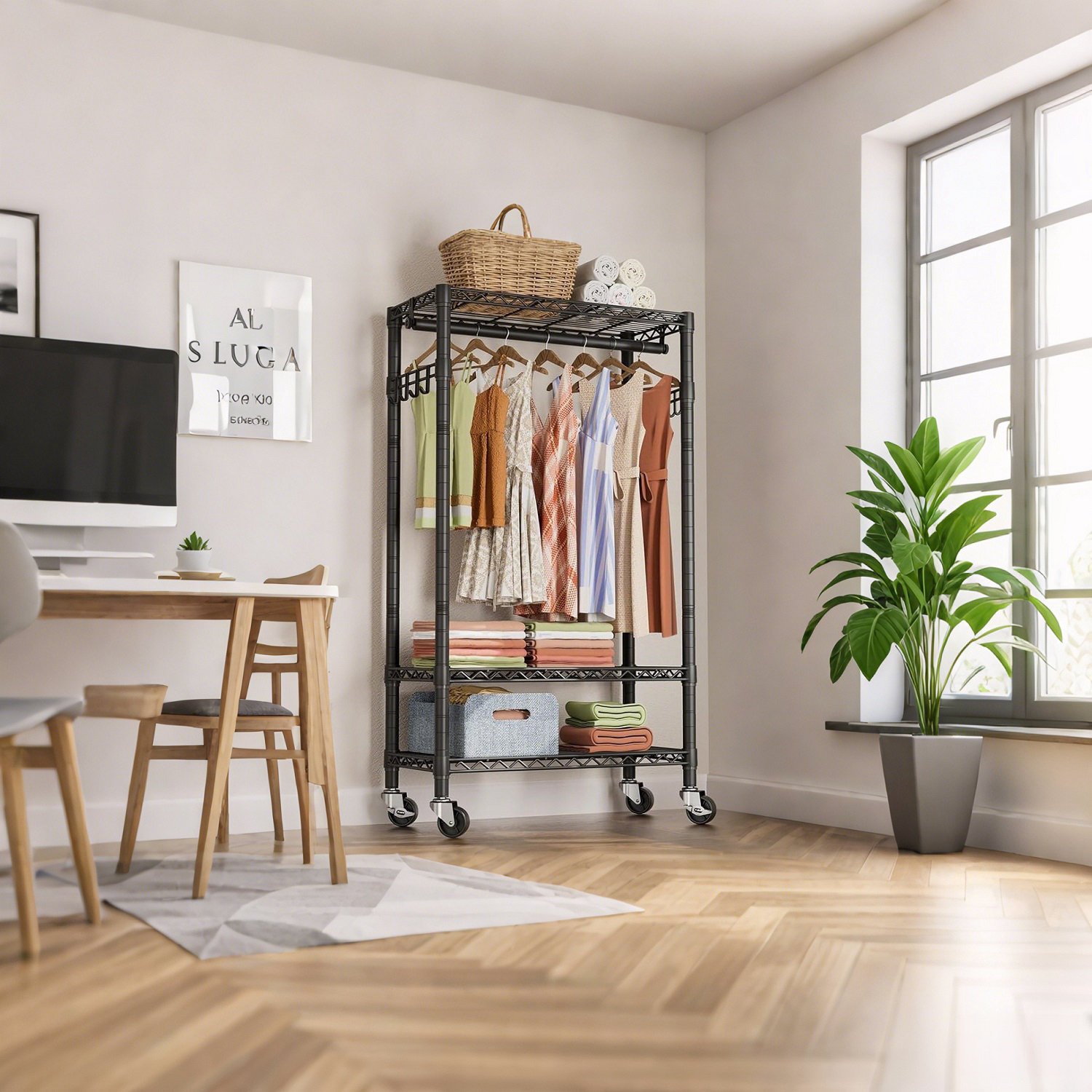 Rebrilliant Portant à vêtements robuste à roulettes - Portant réglable ...