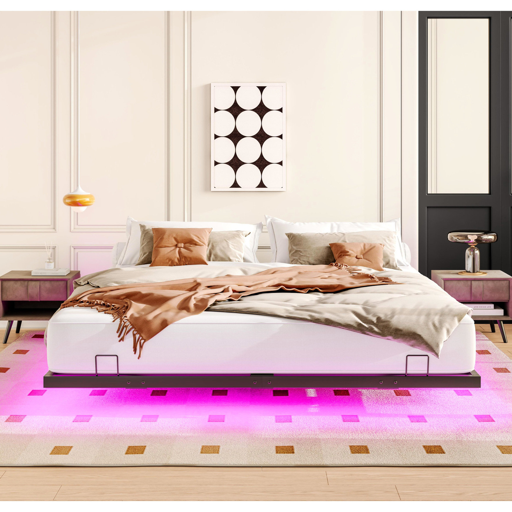 Alwyn Home Modern King Size Bed With Led Lights - Metal Frame, Frame ...