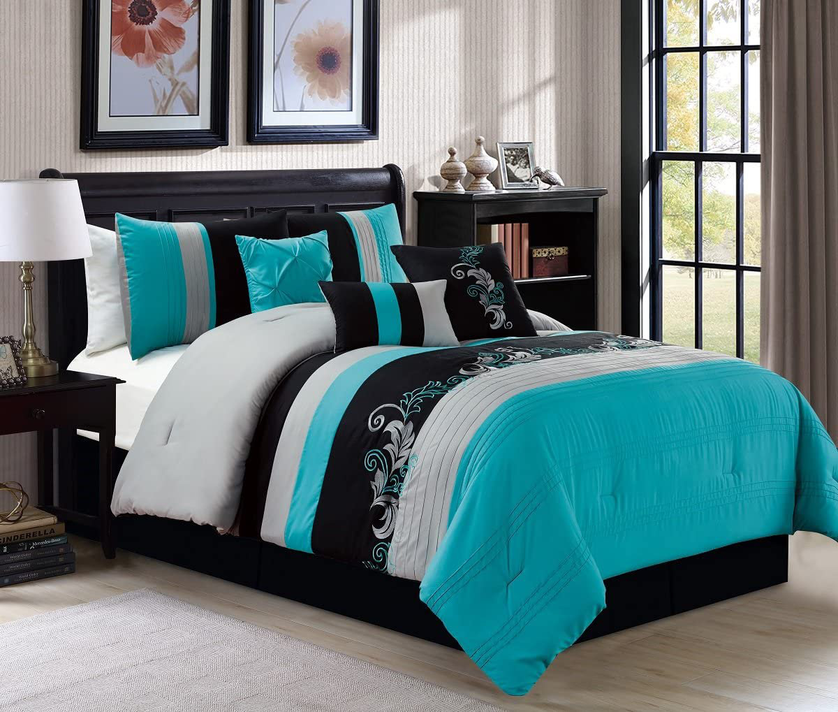 Chezmoi Collection Floral Embroidered Microfiber 7 Piece Comforter Set ...