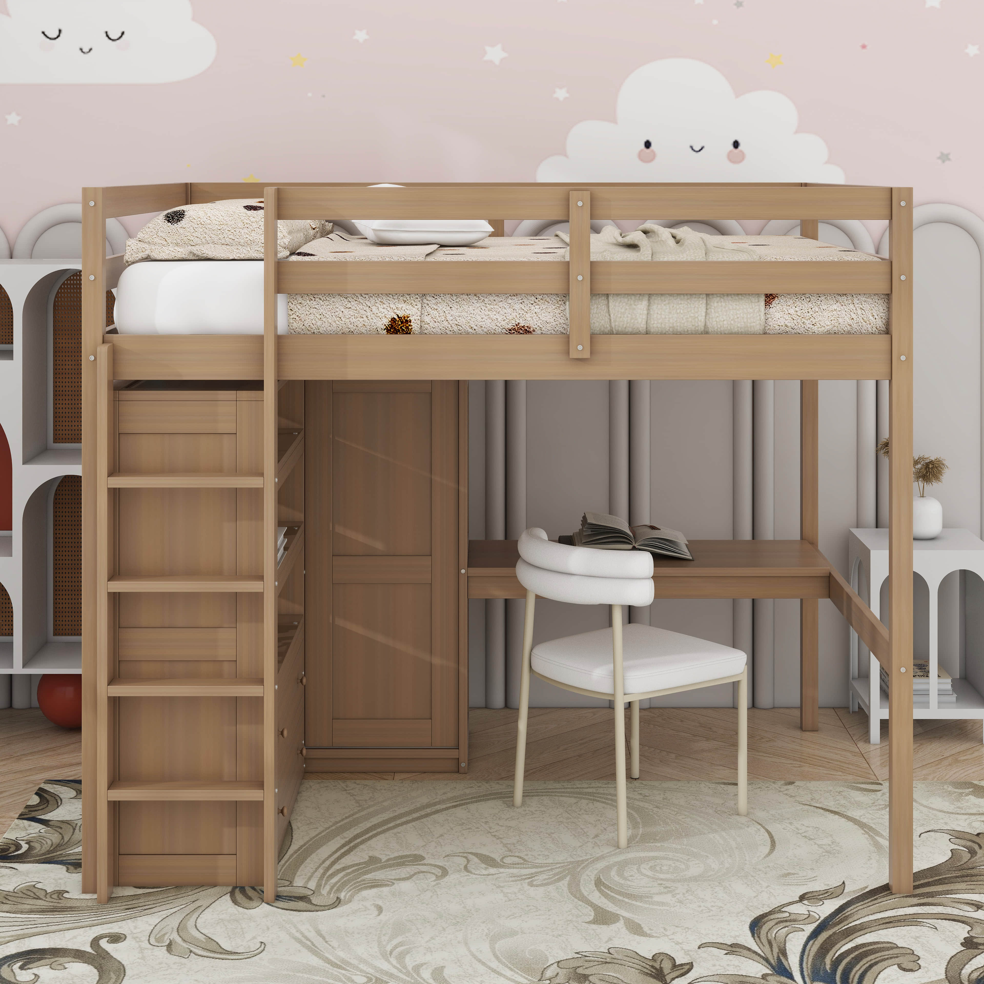 Harriet Bee Full Loft Bed With Desk,Wardrobe, Shelves And Drawers | Wayfair