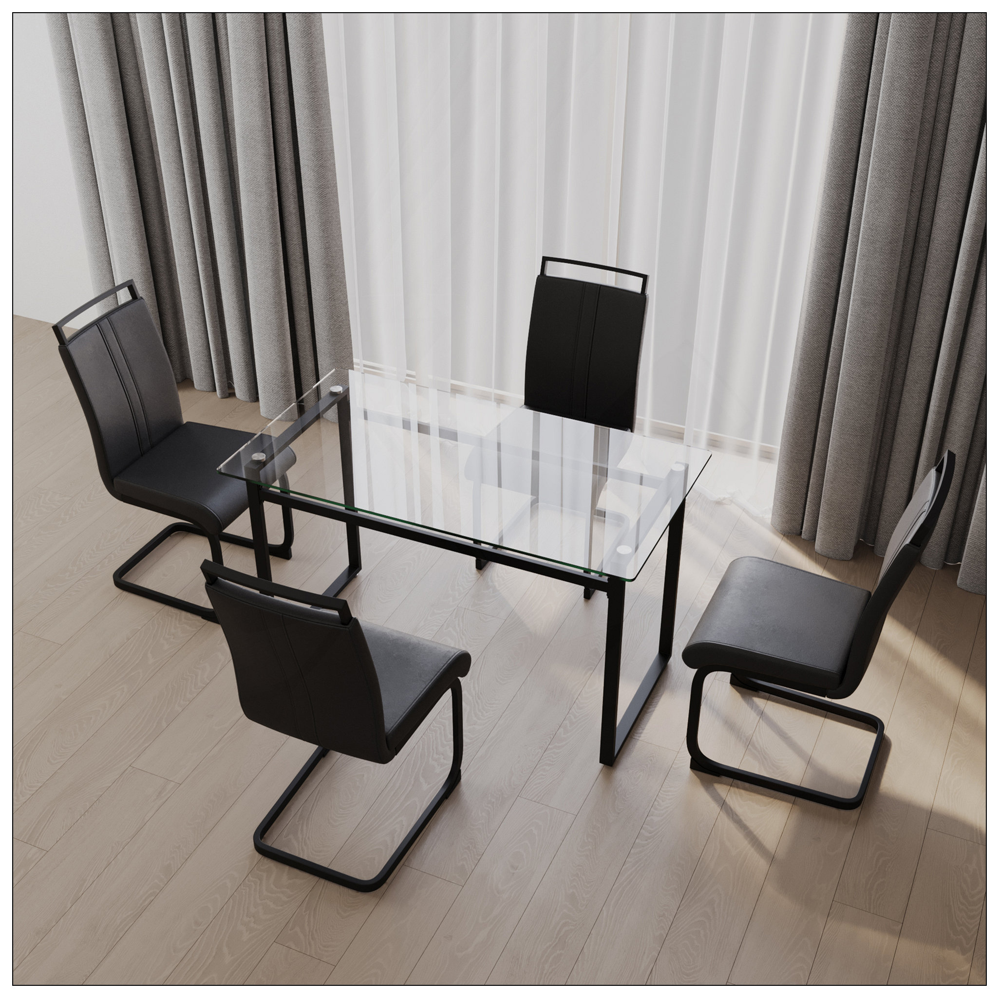 Ivy Bronx 51 Inch Glass Dining Table Set For 4, Dining Table & Chair Sets With Black Metal Legs ...