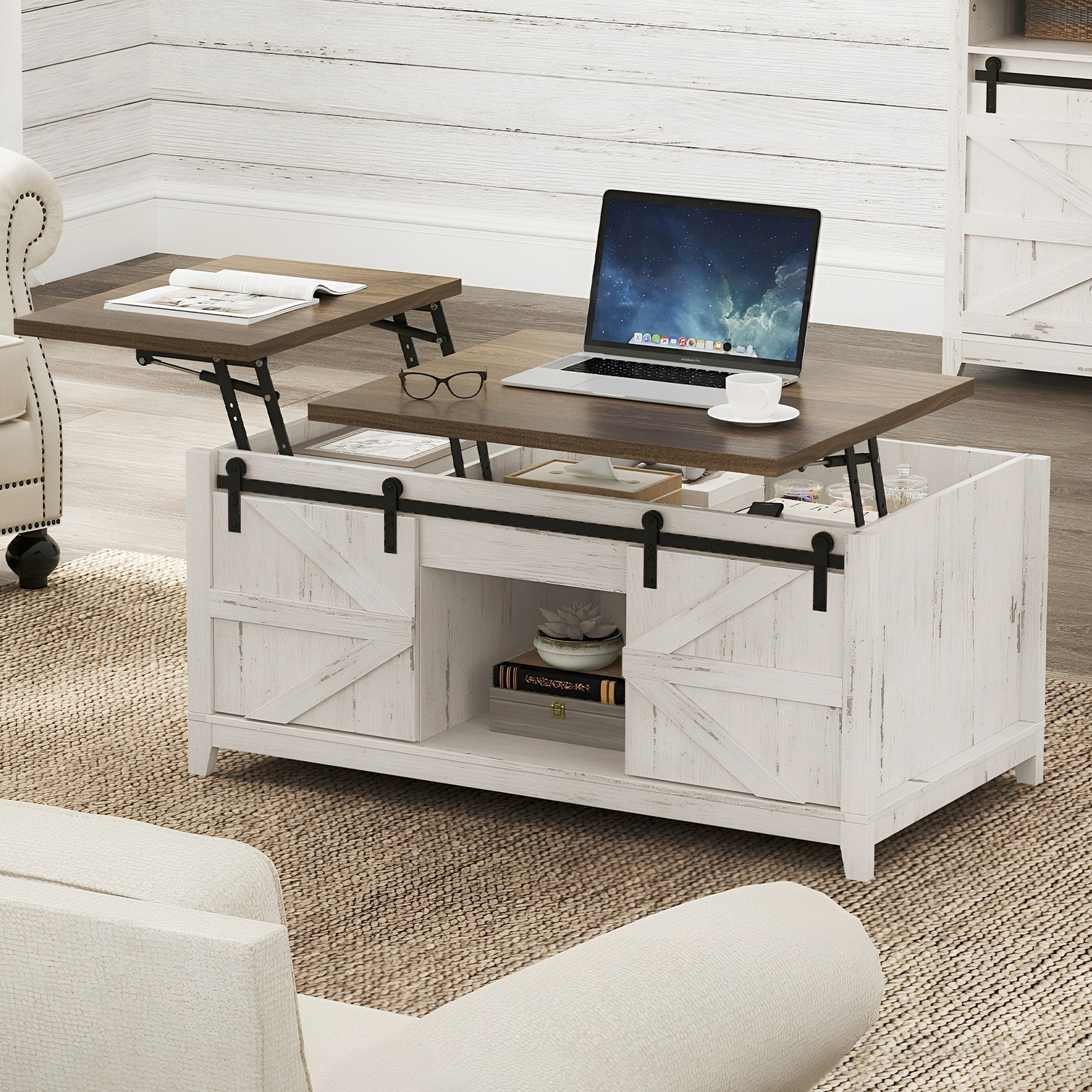Gracie Oaks Farmhouse Double Lift Top Coffee Table With Sliding Barn ...