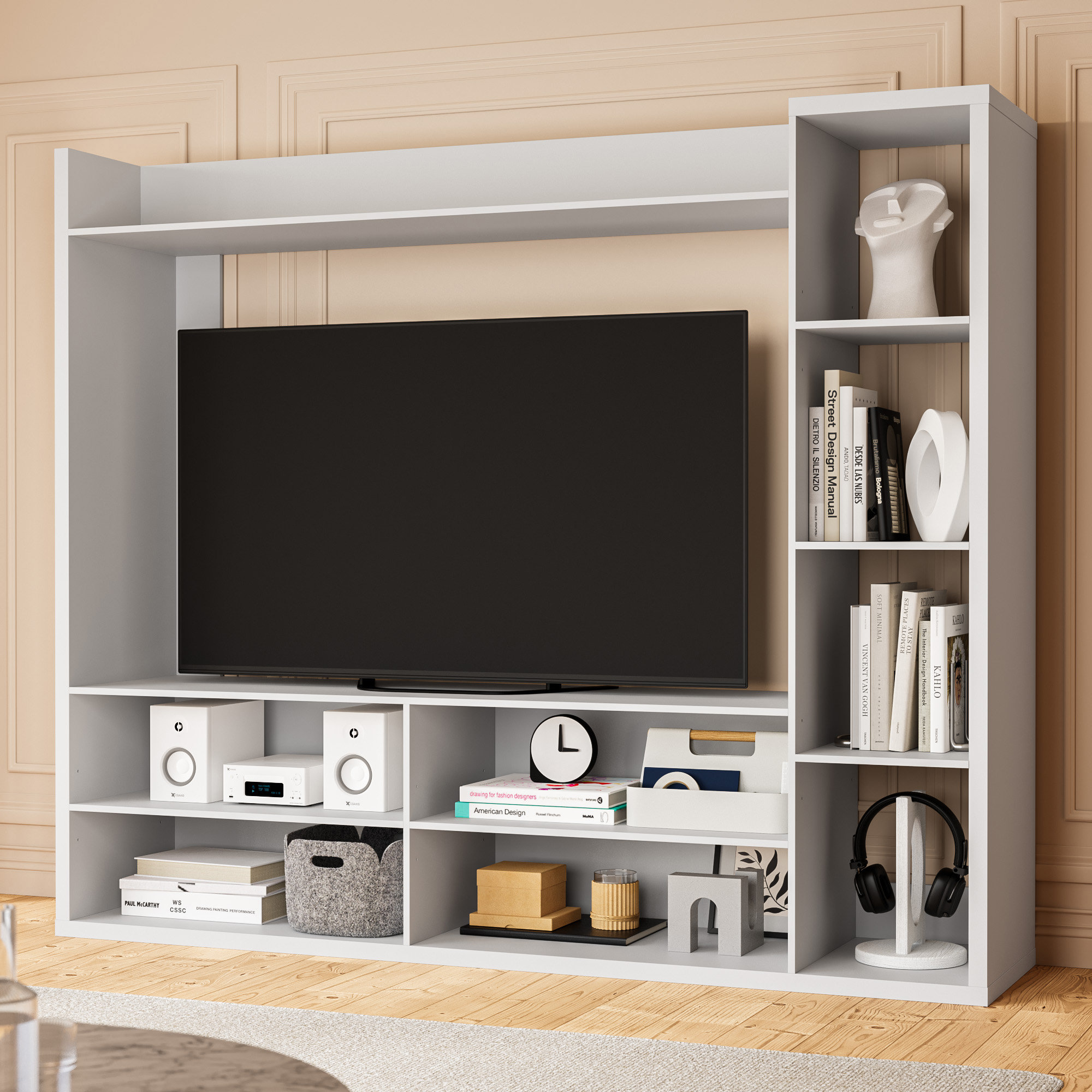 Ebern Designs Gerdineke Wall Unit TV Stand with 8 Cube Bookshelves for ...