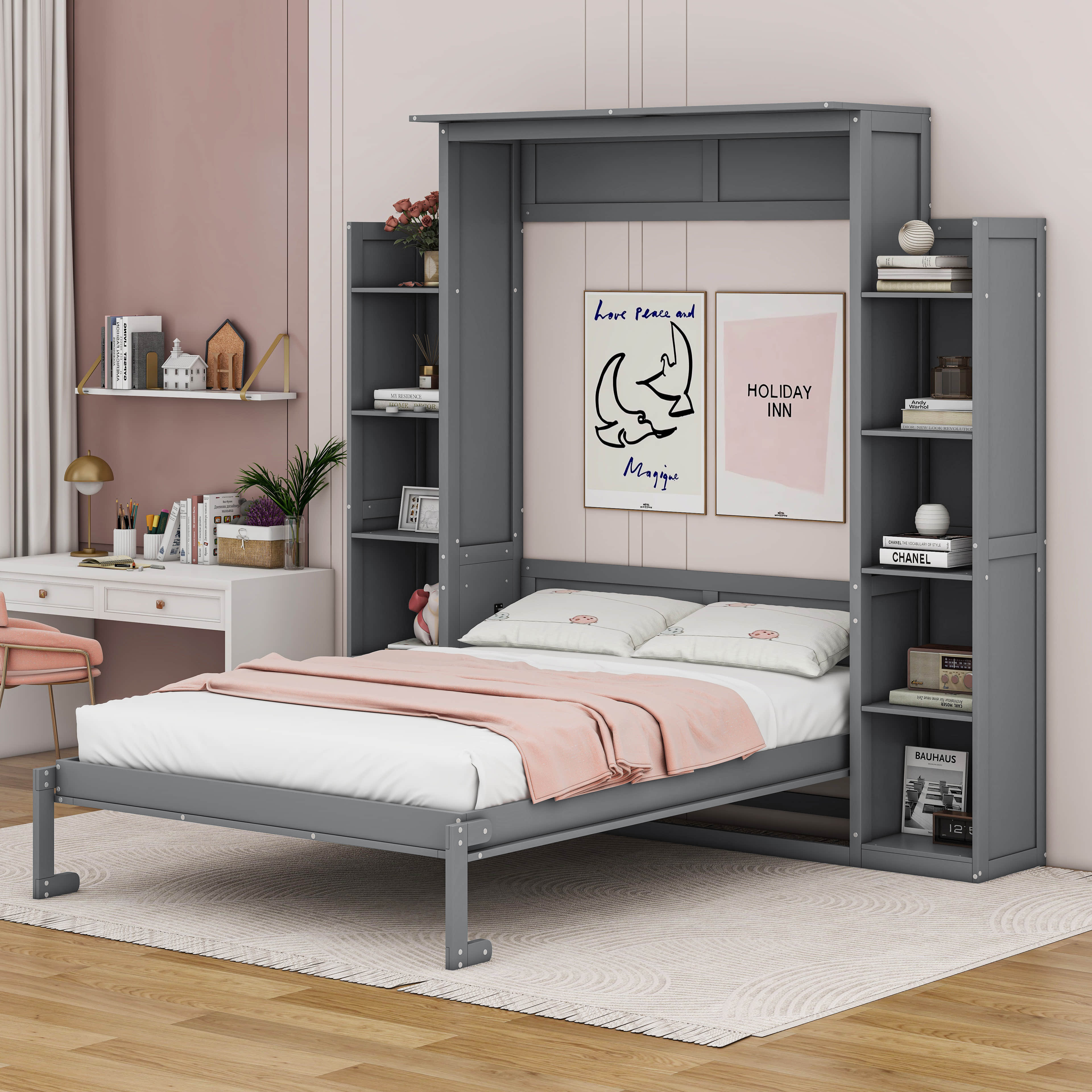 Cosmic Full Size Murphy Bed Wall Bed with Shelves and LED Lights ...