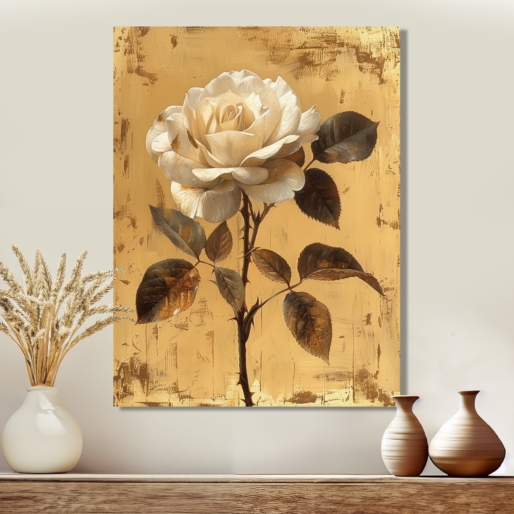 Winston Porter White Rose On Vintage Gold - Rose Wall Art Decor | Wayfair