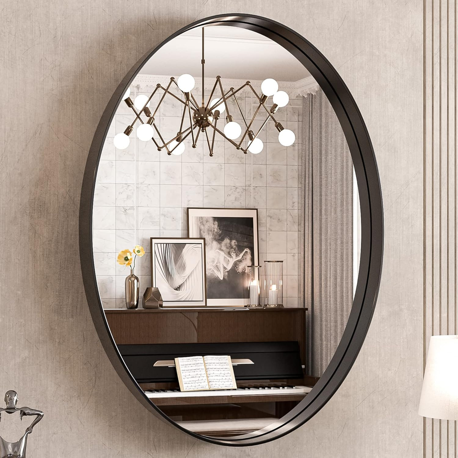 17 Stories Oval Bathroom Mirror, Black Metal Frame Vanity Mirrors, Anti ...