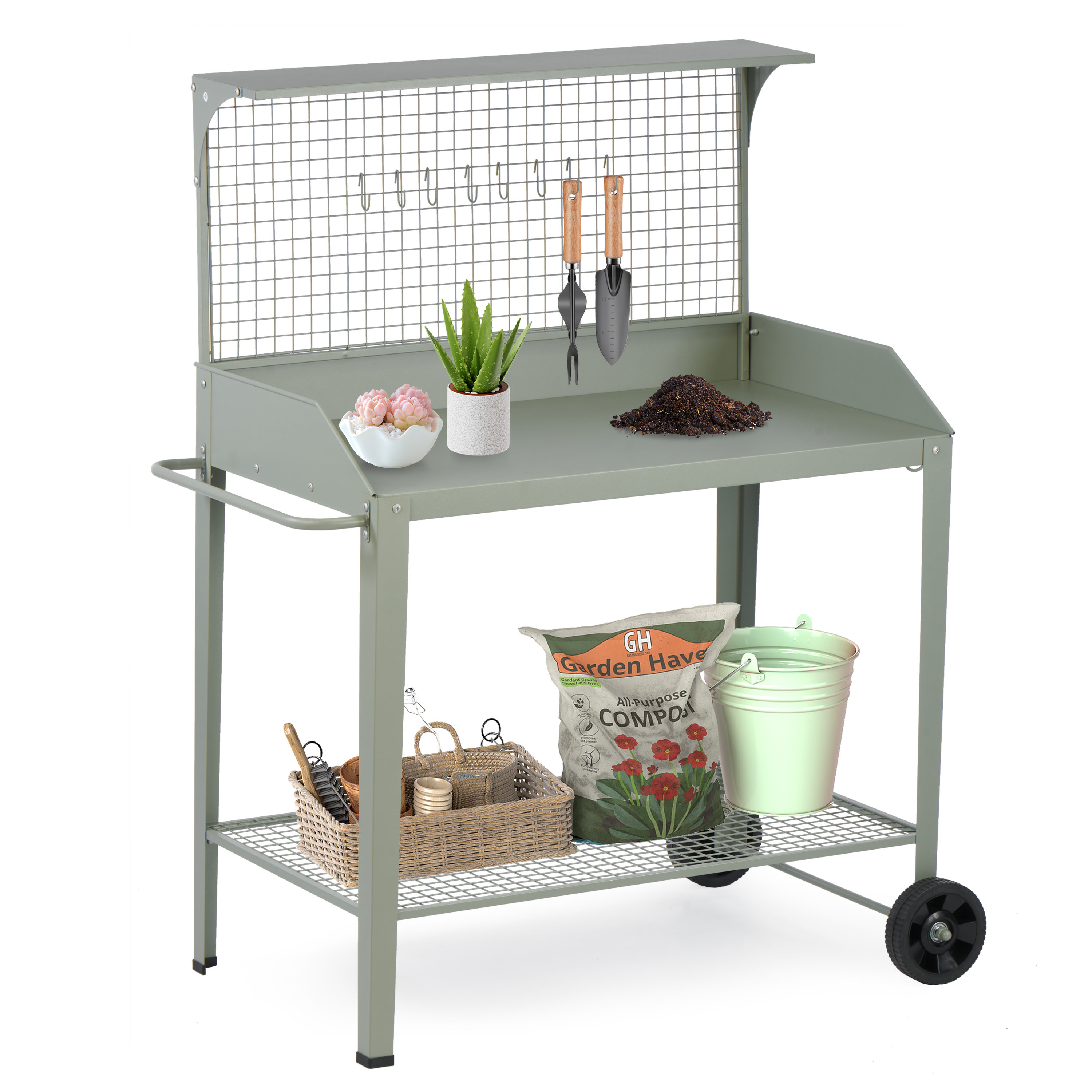 17 Stories Outdoor Metal Potting Bench with Wheels and Storage Shelf ...