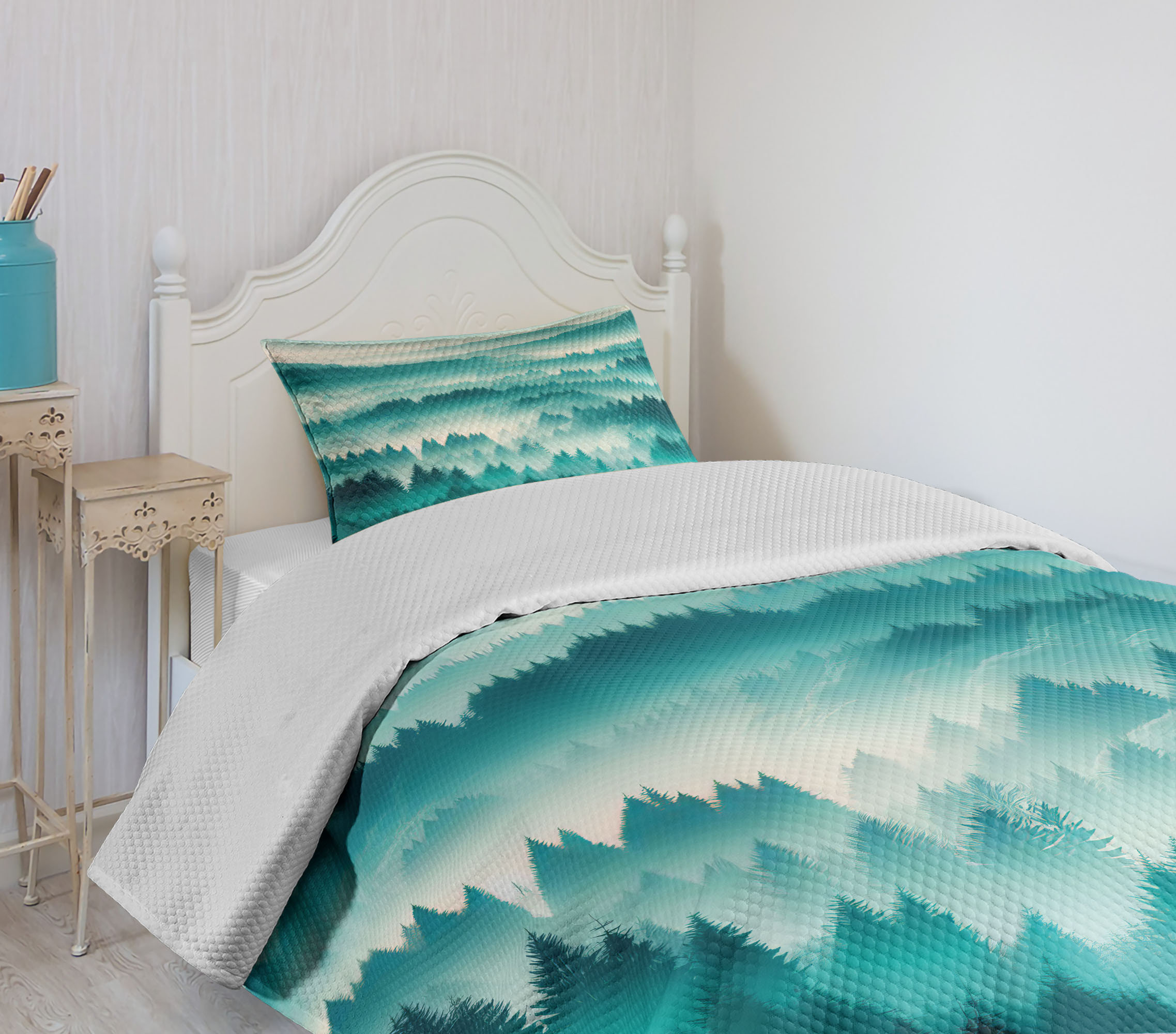 Ambesonne Turquoise Bedspread Set 3 Pcs Misty Woodland Mountains Queen ...