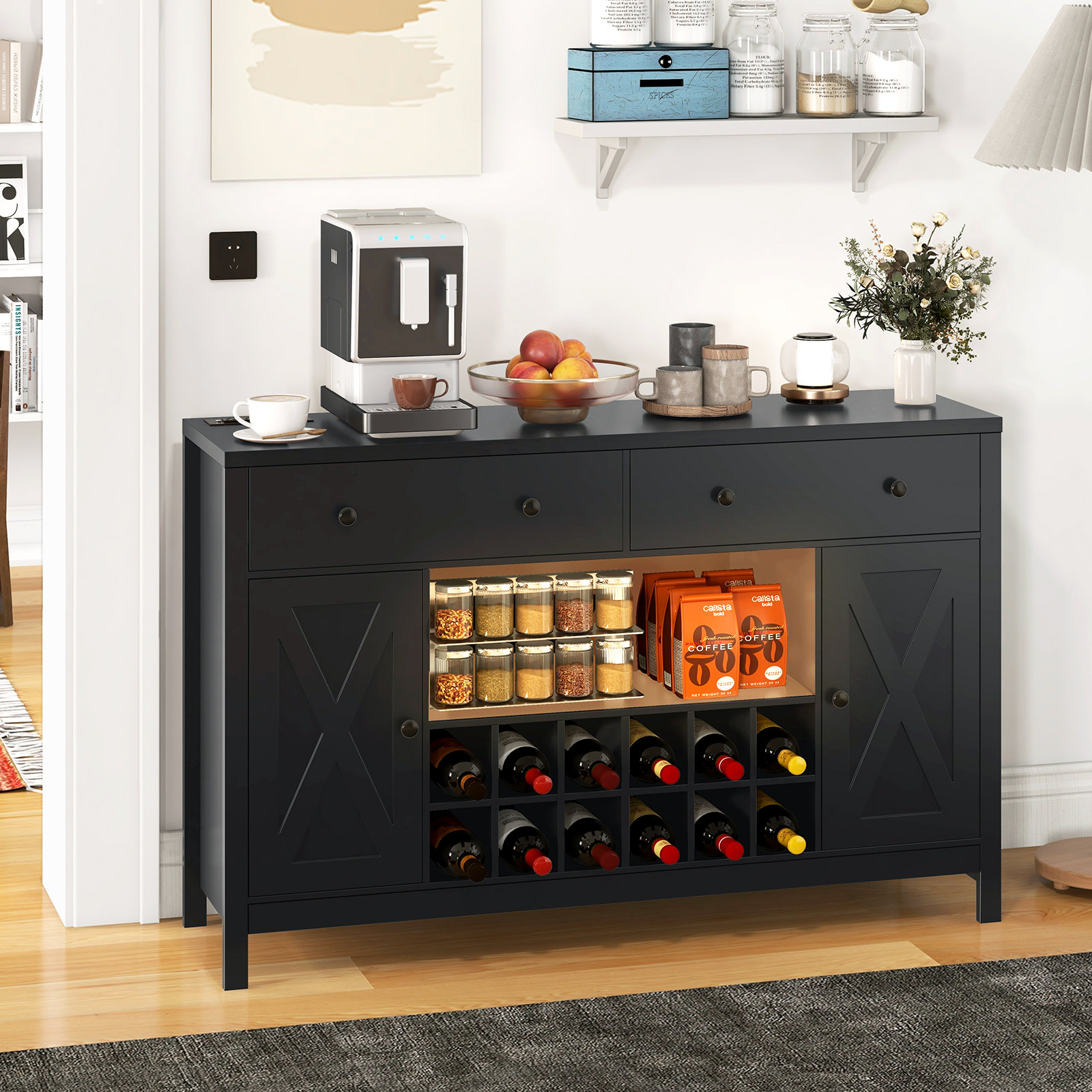 Winston Porter Coffee & Wine Bar Cabinet with LED Lights, 55.1 ...