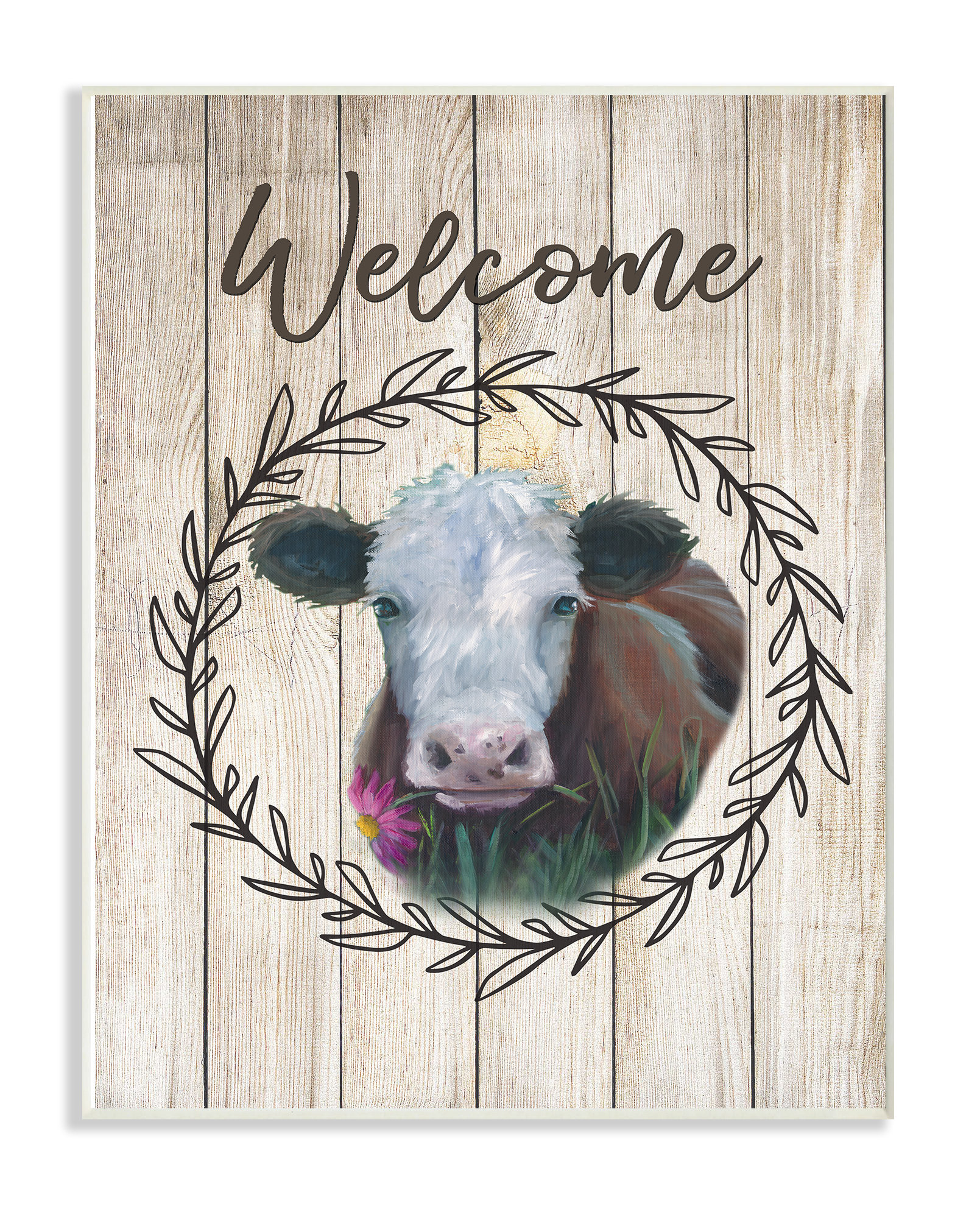 Ebern Designs 'Welcome Sign Painted Cow with Flower and Wreath' by ...