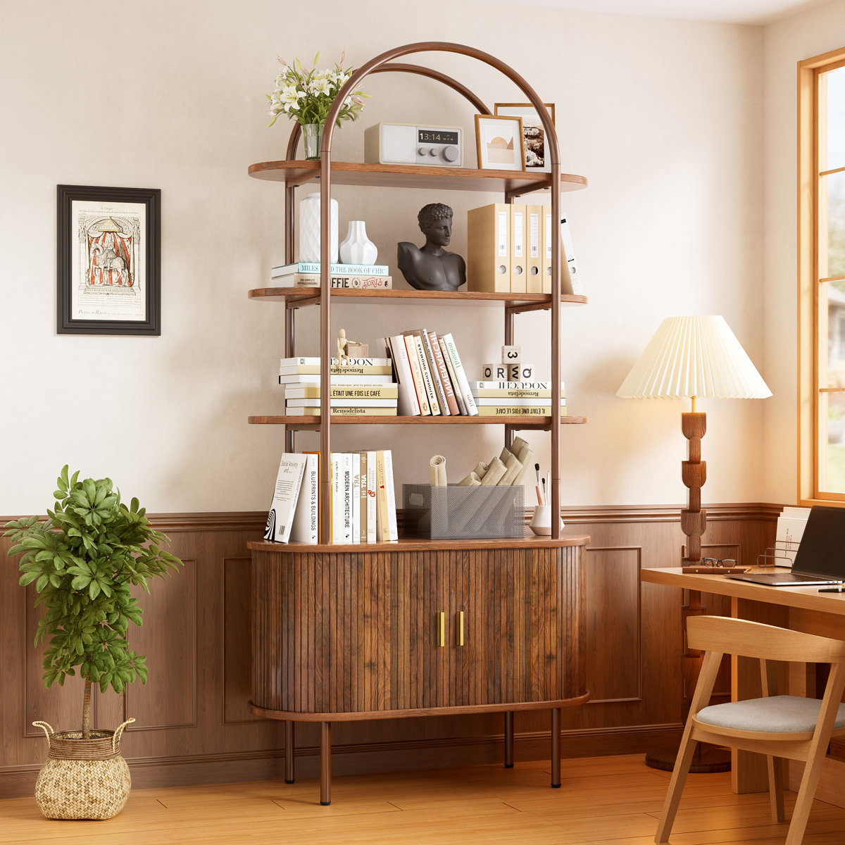 17 Stories 71" Tall Fluted Arched Bookshelf With Sliding Tambour Doors ...