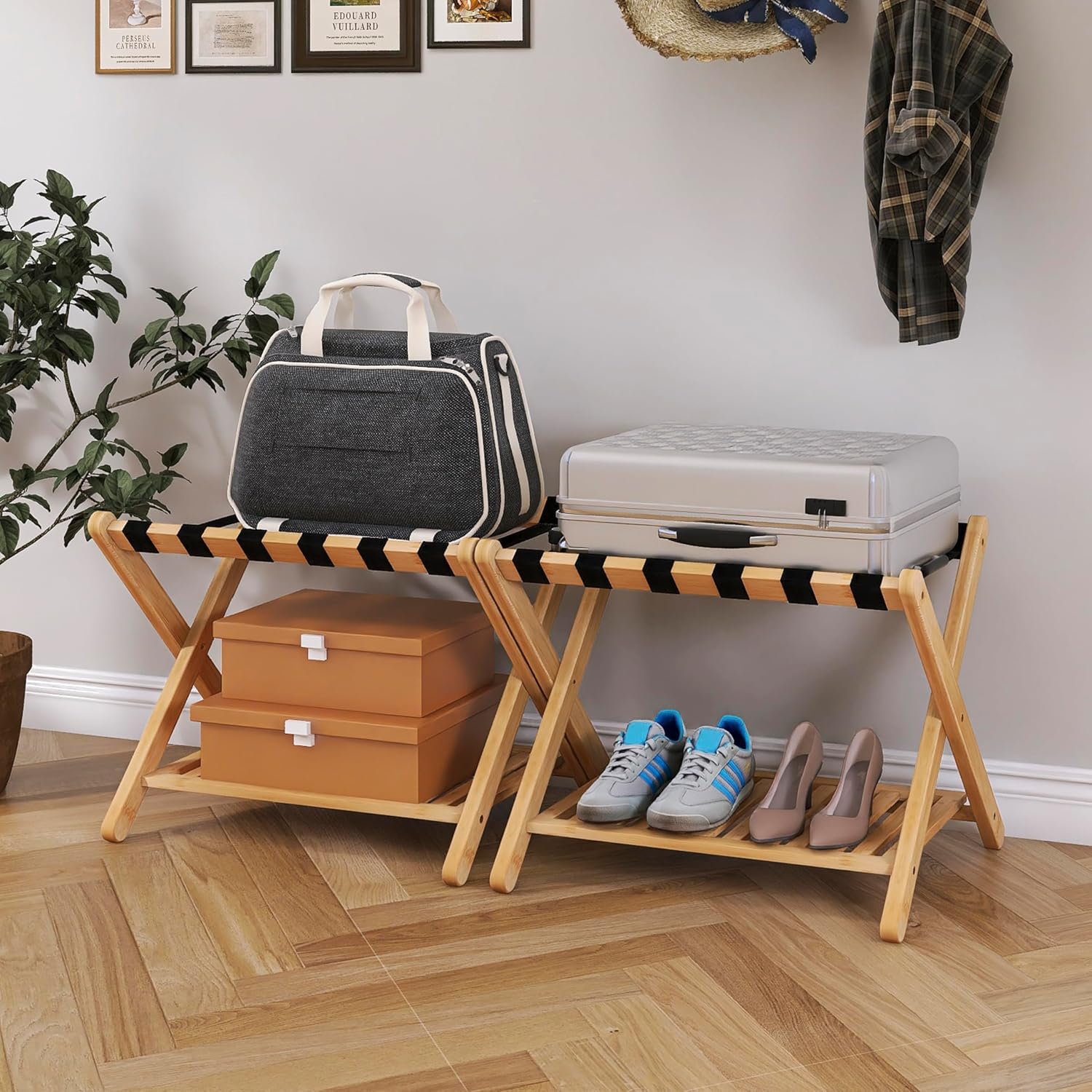CHUANGWENYI Luggage Rack, 2 Pack, Foldable Bamboo Suitcase Stand With ...