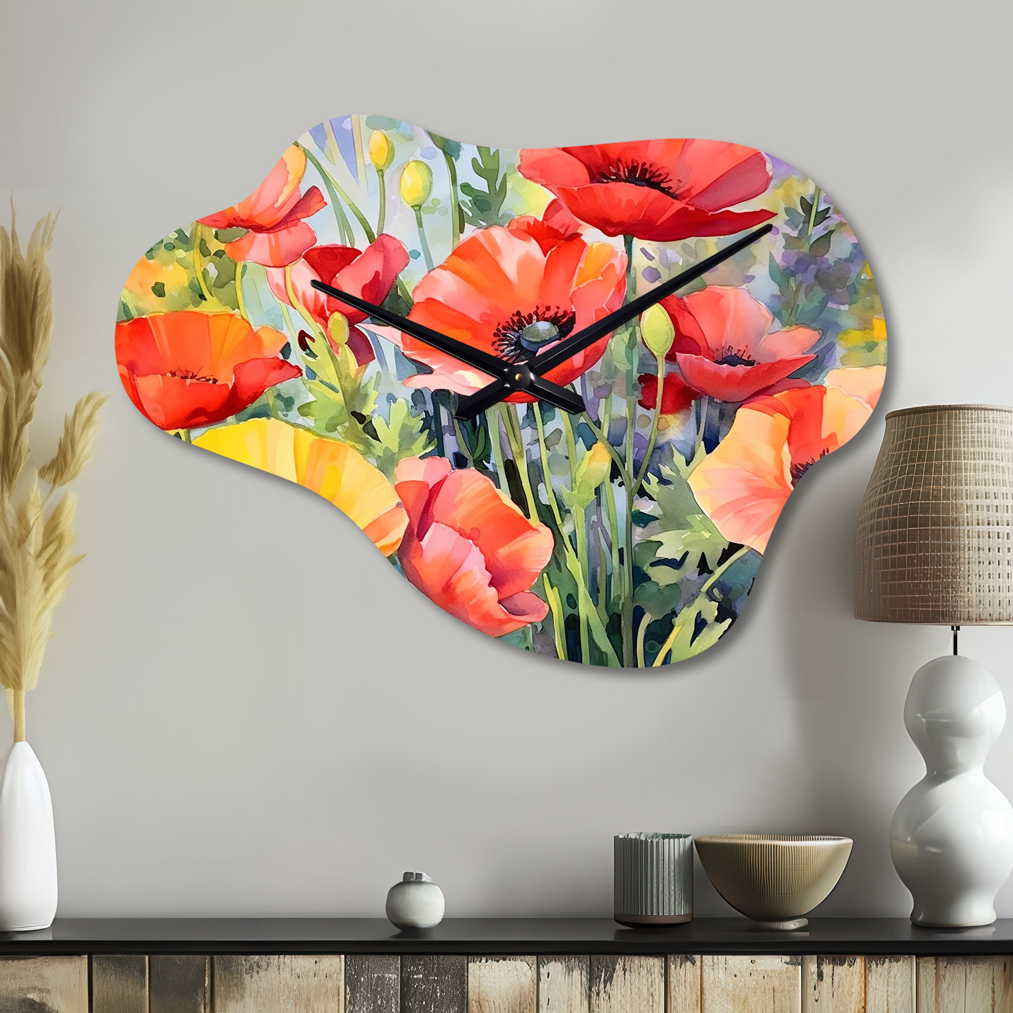 Design Art Vibrant Poppies I - Floral Asymmetrical Metal Wall Clock ...