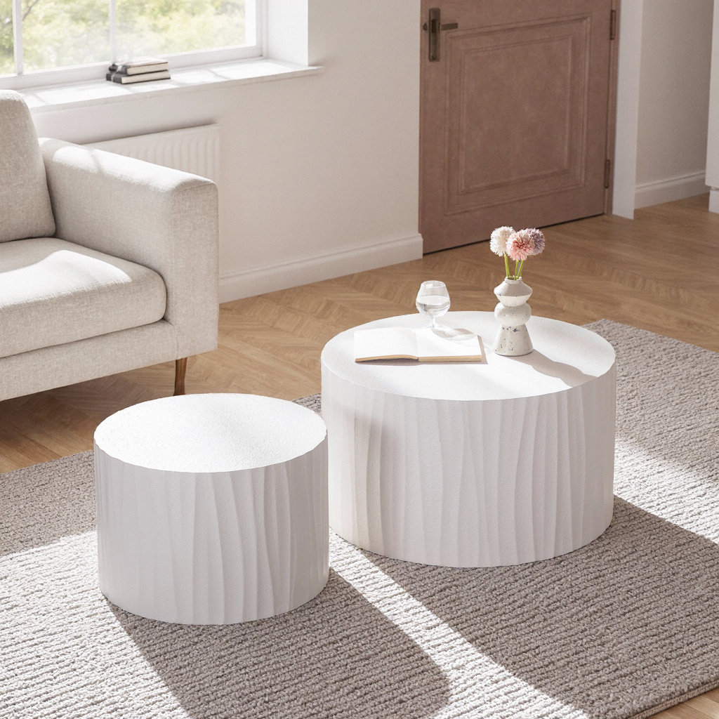 Ivy Bronx Modern Round Nesting Coffee Tables Set - Beige Glossy Wood ...