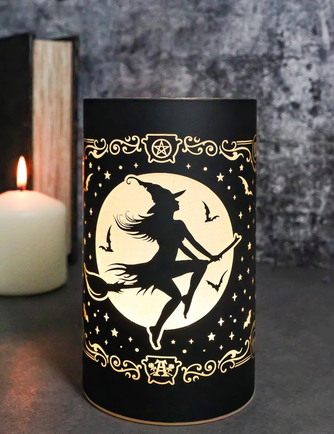 The Holiday Aisle® Wicca Witch By Moonlight On Broomstick With Bats LED ...