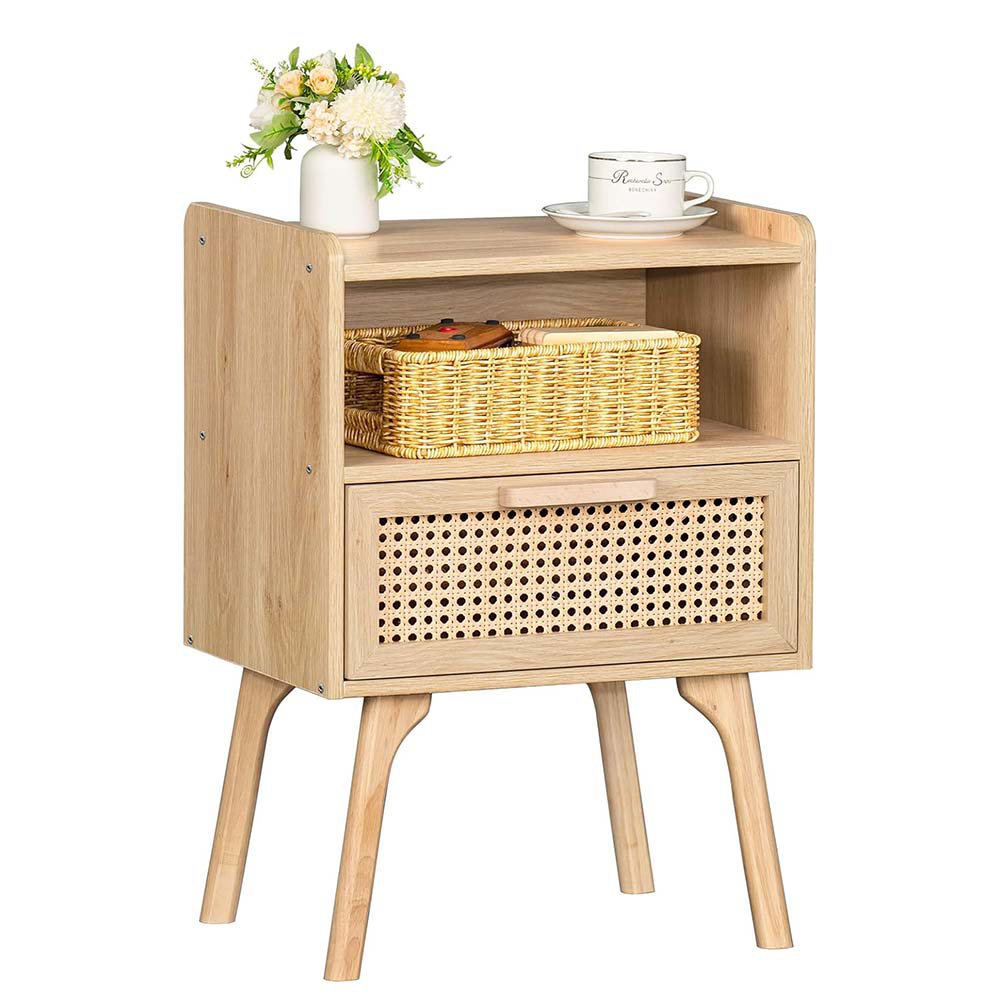 Bay Isle Home™ Boho Side Table With Drawer Open Shelf, Cane Accent ...