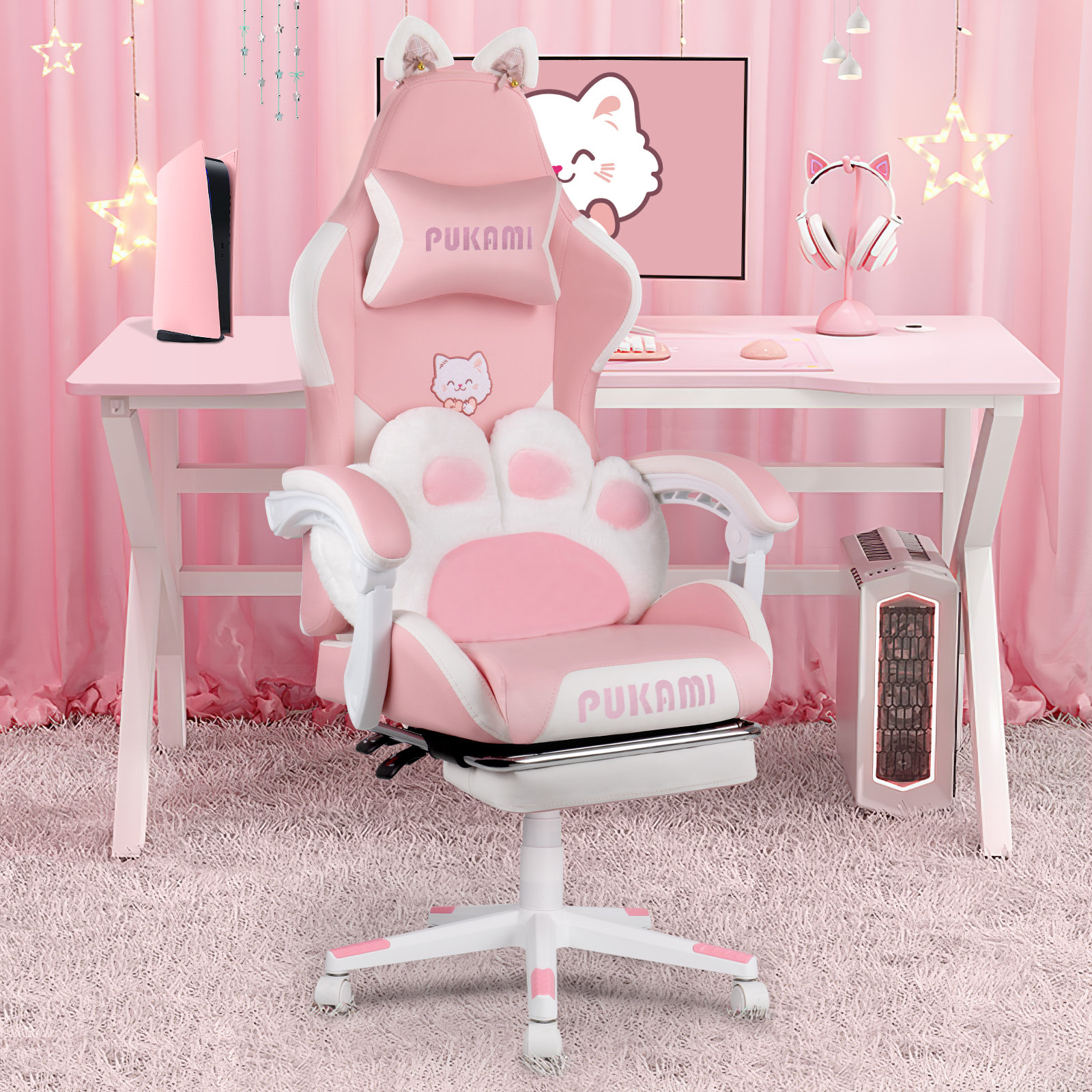 Ivy Bronx Gaming Chair With Cat Ears And Cat Paw Cushion Pillow,cute ...