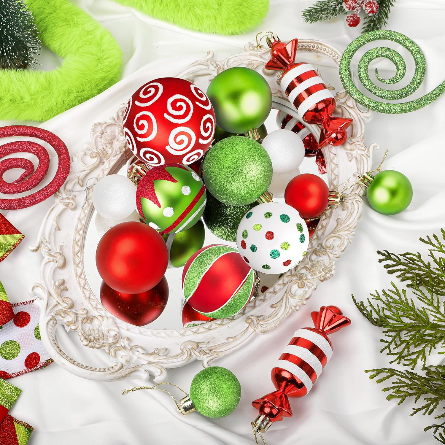 Tikwel 92 Pcs Christmas Ball Ornaments, Glittering Elf Balls Swirl ...