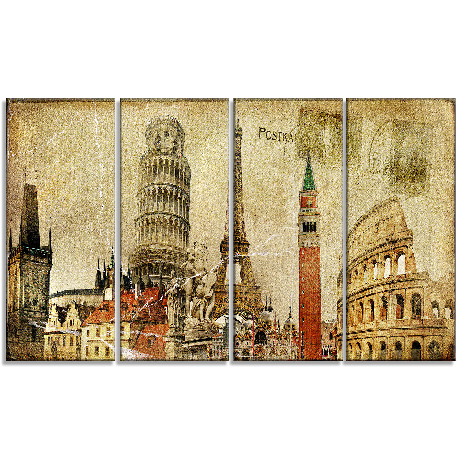 Design Art Vintage Postal Card Contemporary 4 Piece Graphic Art on ...