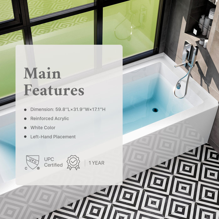 Eviva Nova 60'' x 32'' Alcove/Tile In Soaking Acrylic Bathtub & Reviews ...